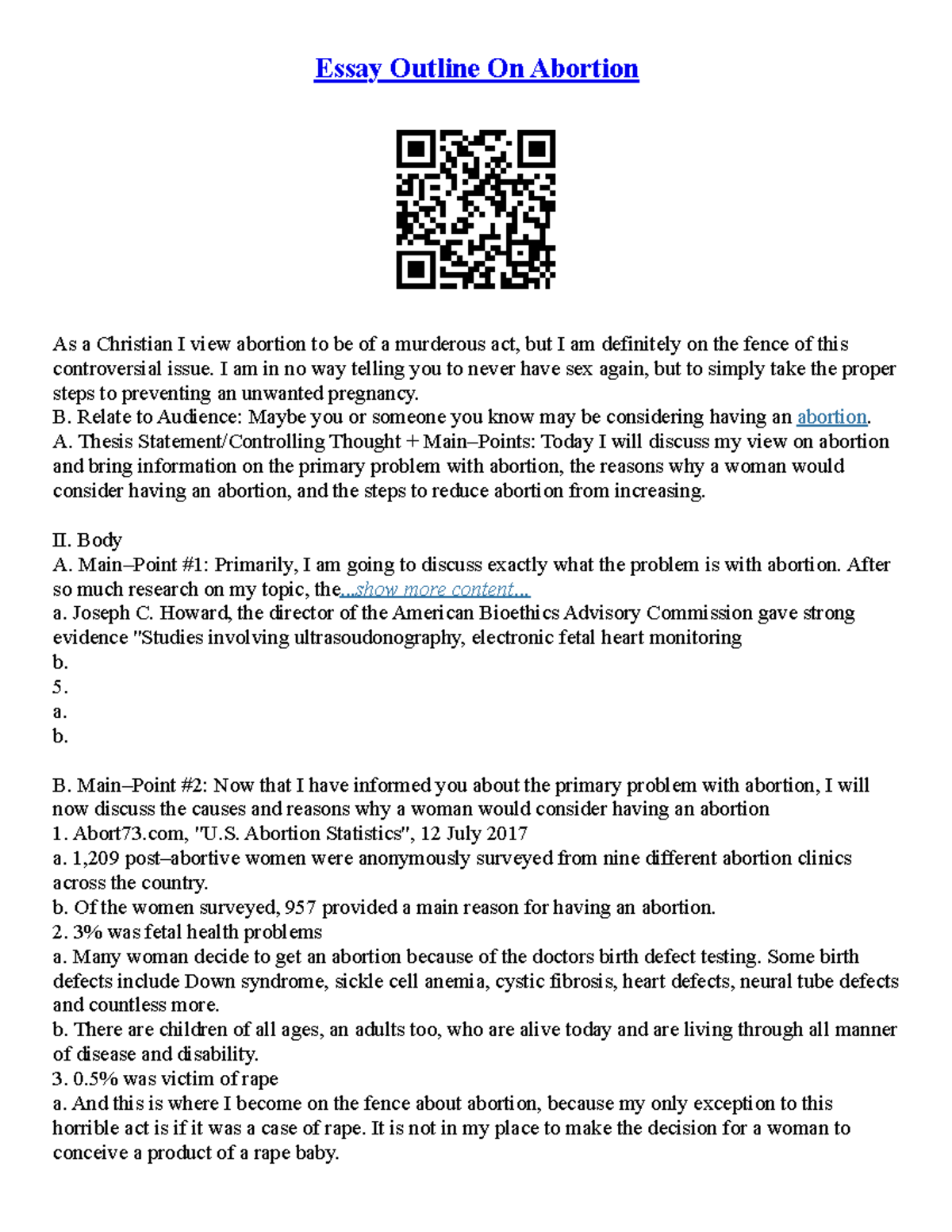 Abortion Essay Outline - Essay Outline On Abortion As a Christian I ...