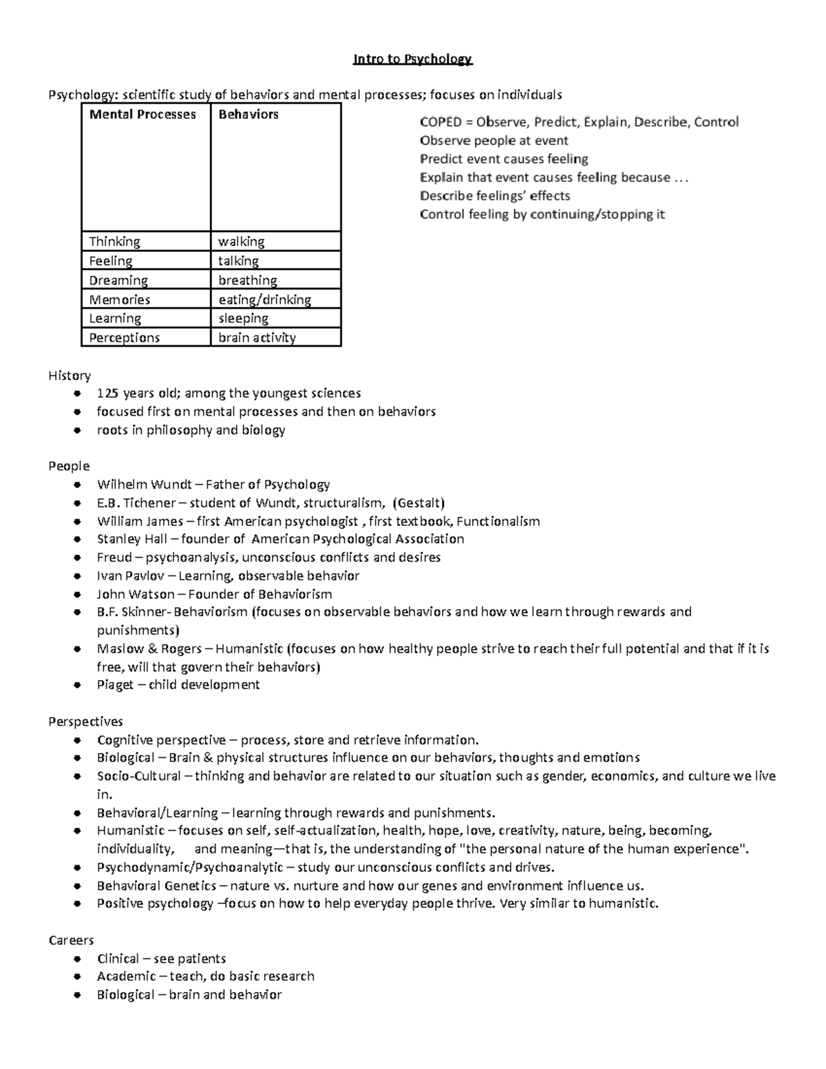 Psychology Notes - Intro to Psychology Psychology: scientific study of ...