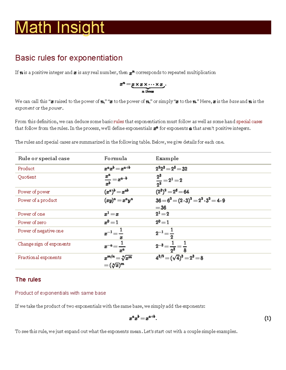 Basic rules for exponentiation - Math Insight - Math Insight Basic ...
