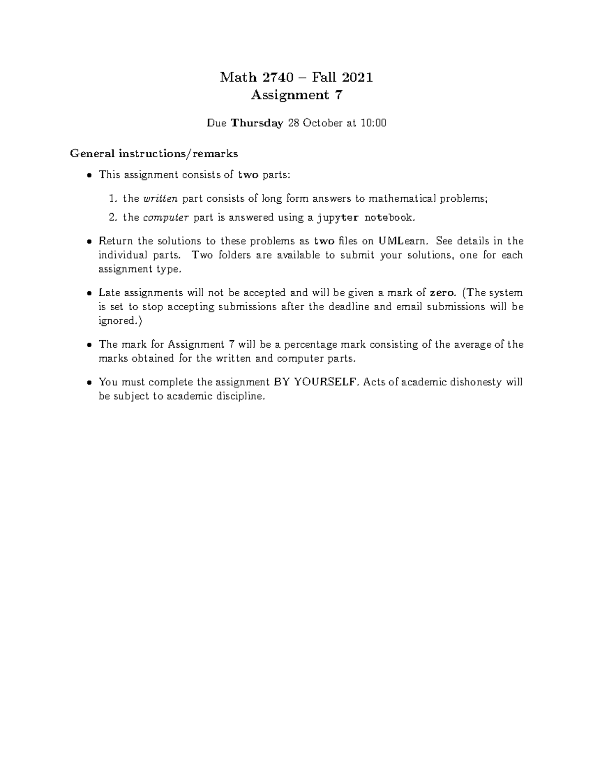 MATH2740-Assignment 07 - Math 2740 – Fall 2021 Assignment 7 Due ...