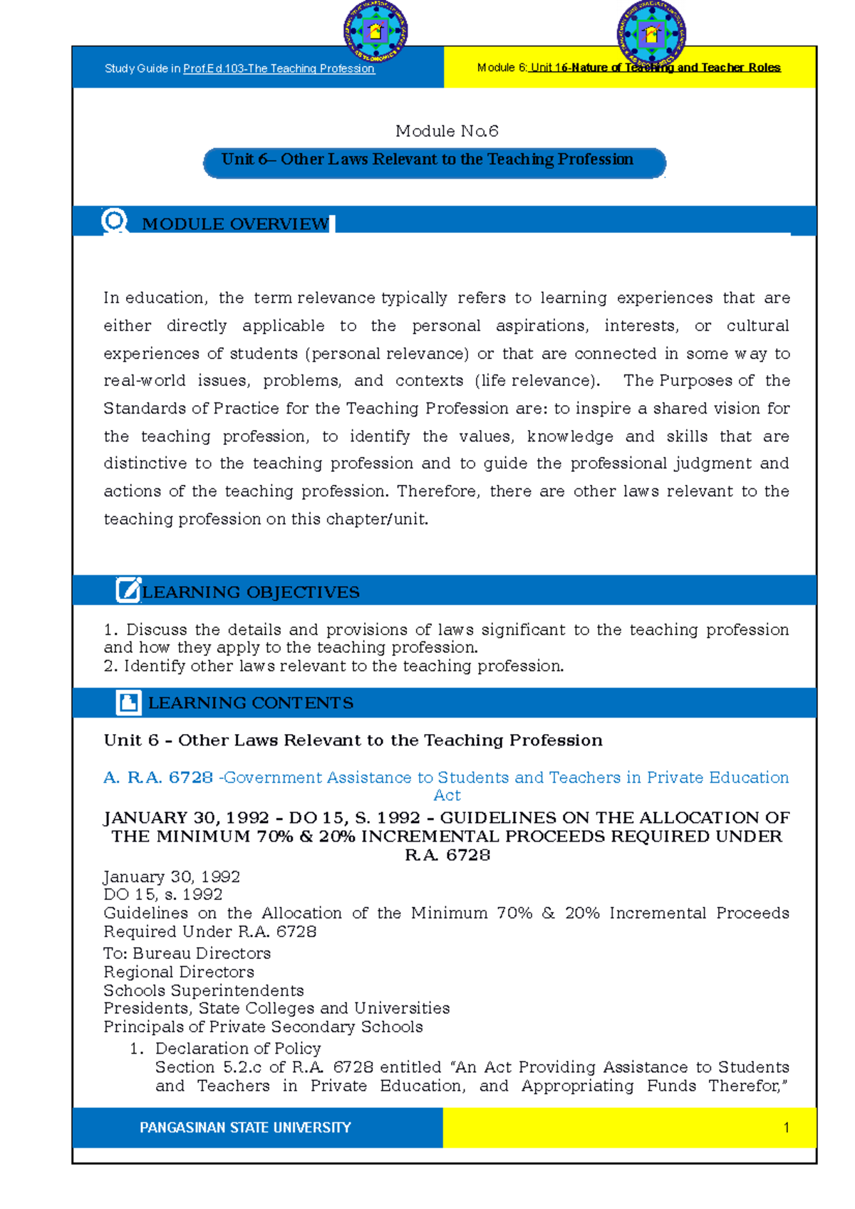 Module-6-the-teaching-profession copy - Module No. MODULE OVERVIEW In ...