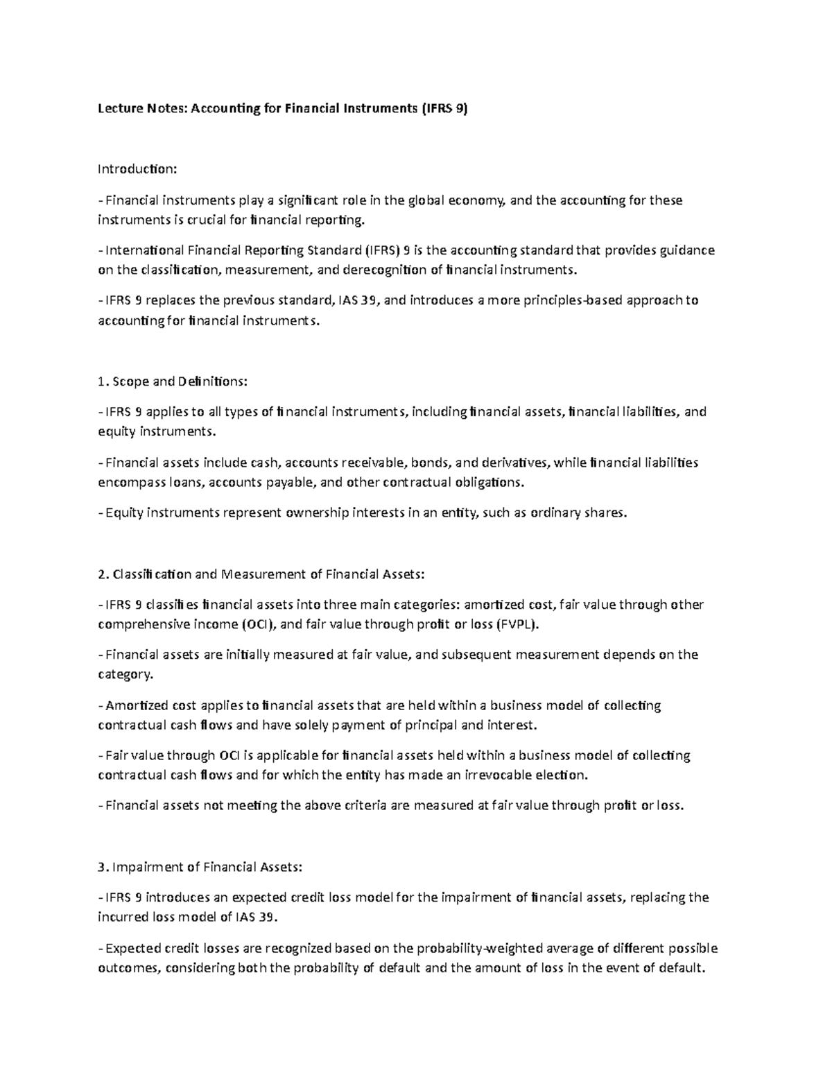 Lecture Notes: Accounting for Financial Instruments (IFRS 9) - Studocu