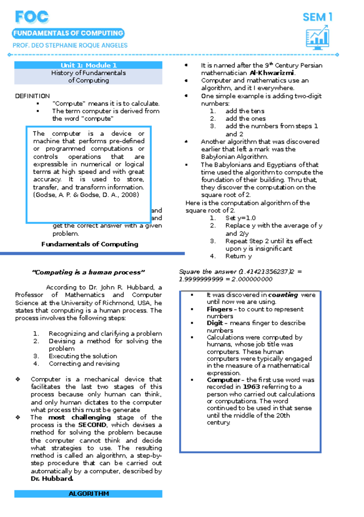 Fundamentals of Computing - Unit 1: Module 1 History of Fundamentals of ...