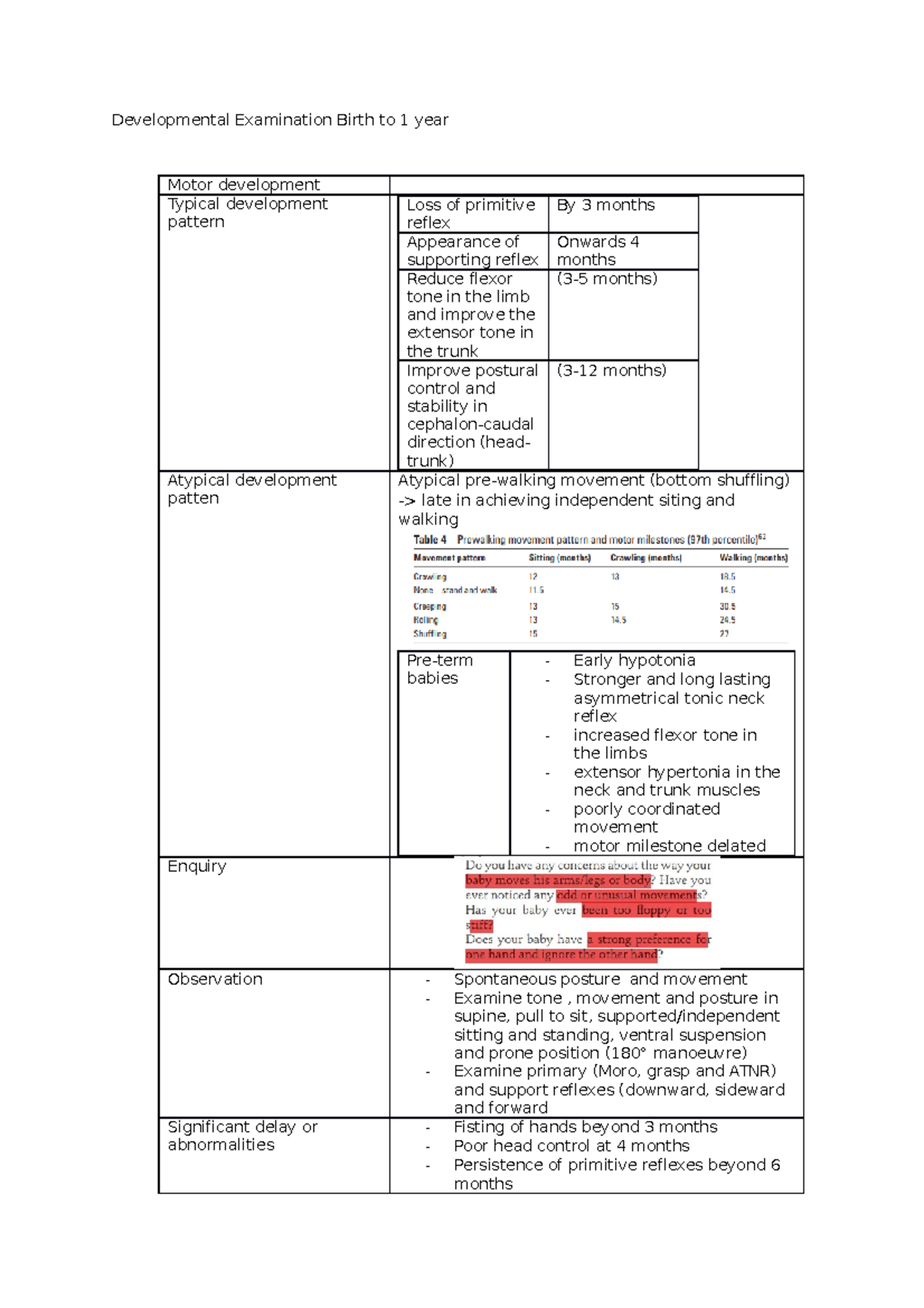 Development examination birth to 1 year - Developmental Examination ...