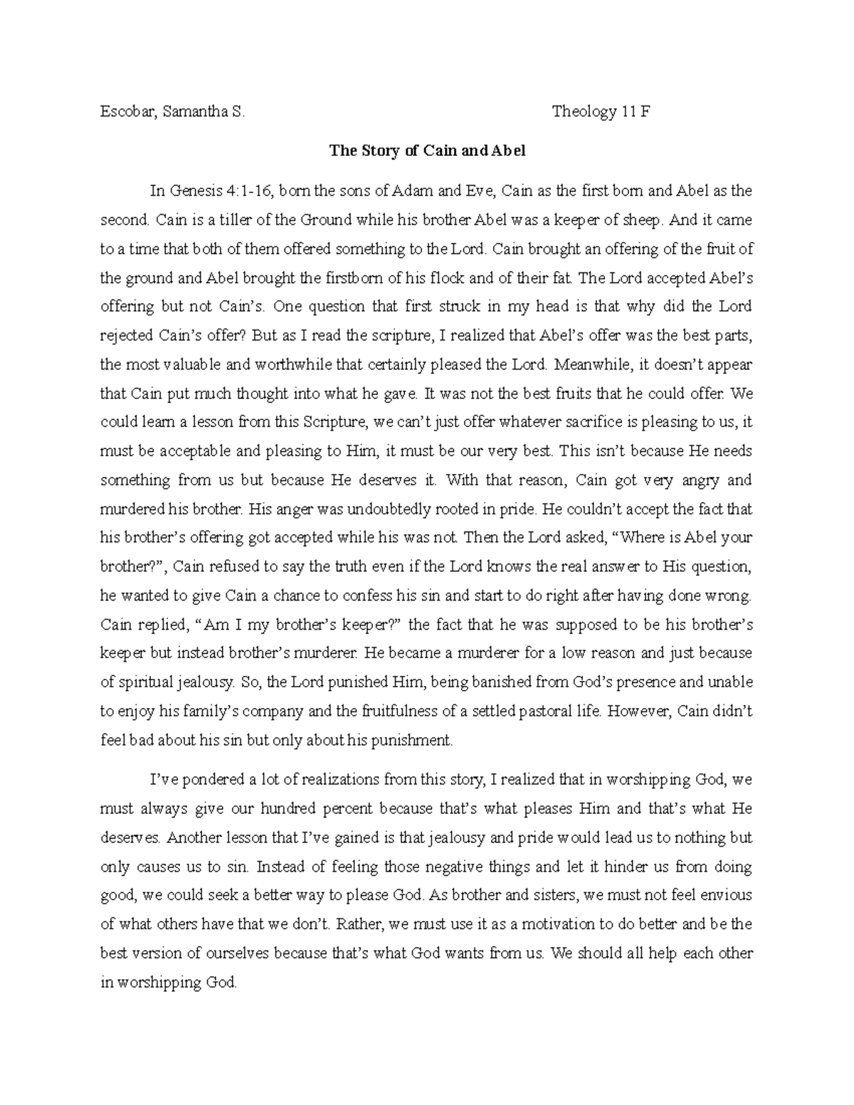 Theology11F_Essay - Escobar, Samantha S. Theology 11 F The Story of ...