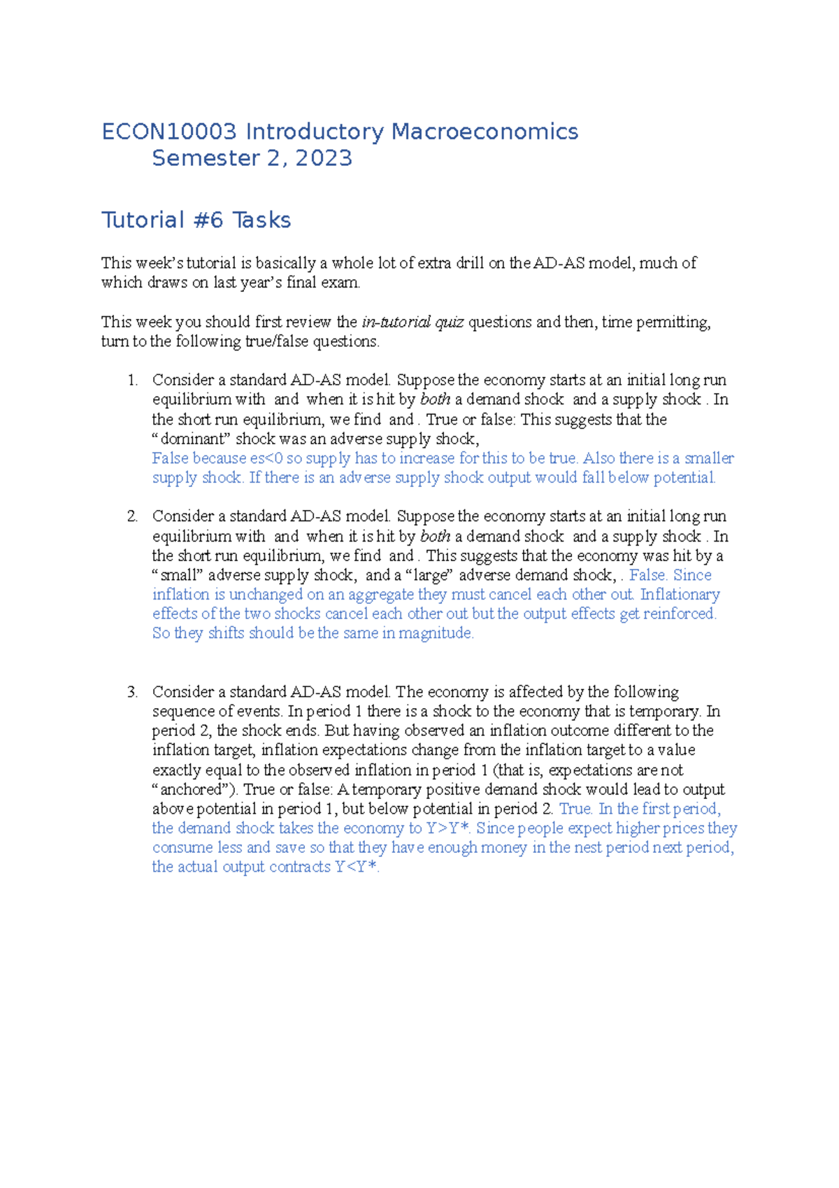 Tutorial Tasks 6 Econ10003 Introductory Macroeconomics Semester 2 2023 Tutorial 6 Tasks This