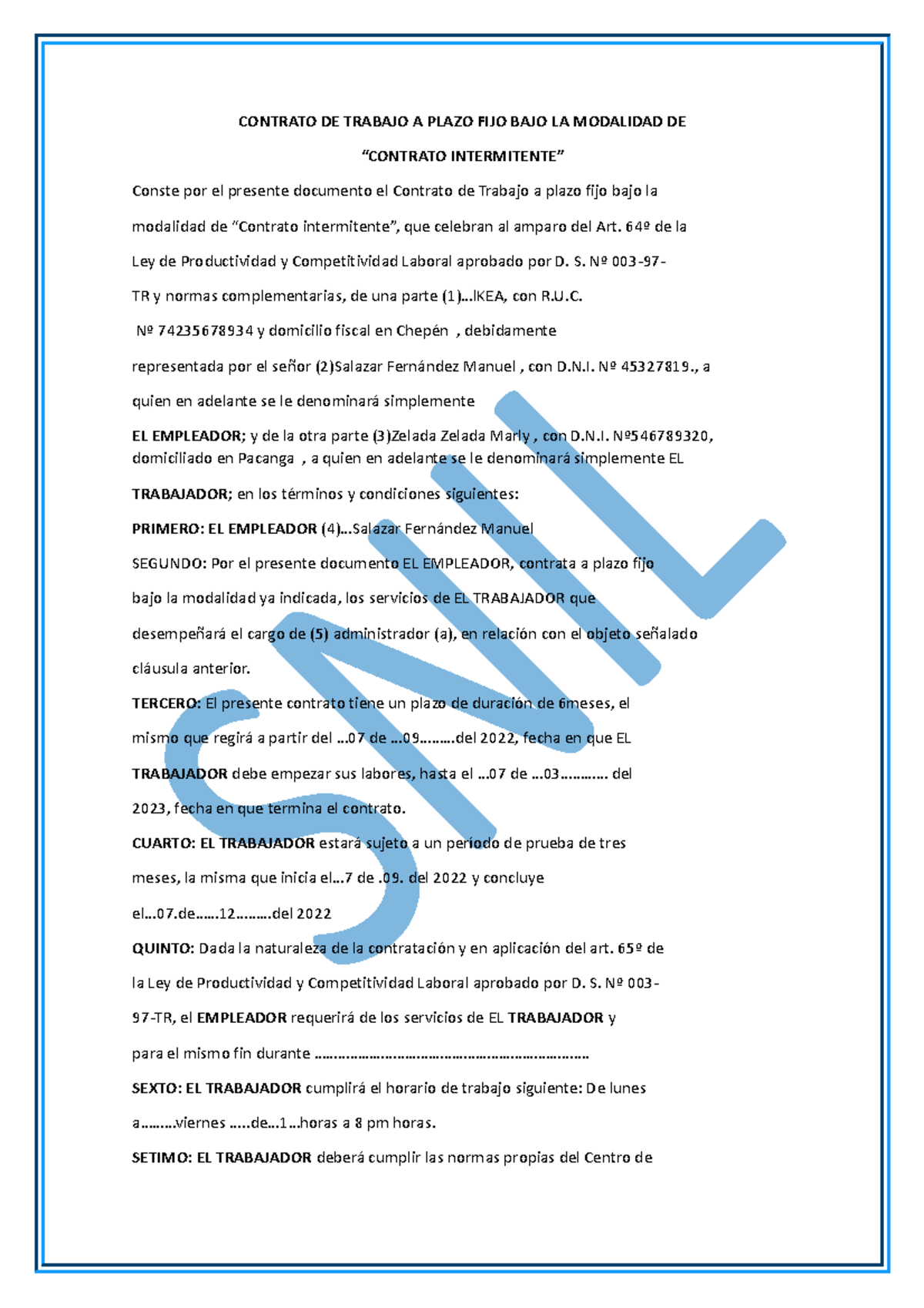 Contrato DE Trabajo A Plazo FIJO BAJO LA Modalidad DE - CONTRATO DE TRABAJO A PLAZO FIJO BAJO LA ...