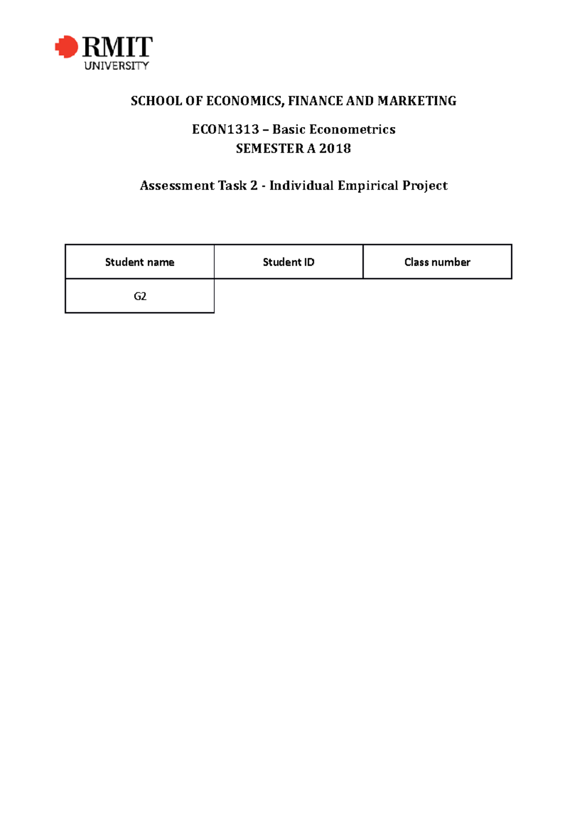Empirical-Project-ECON1313 - SCHOOL OF ECONOMICS, FINANCE AND MARKETING ECON1313 – Basic - Studocu