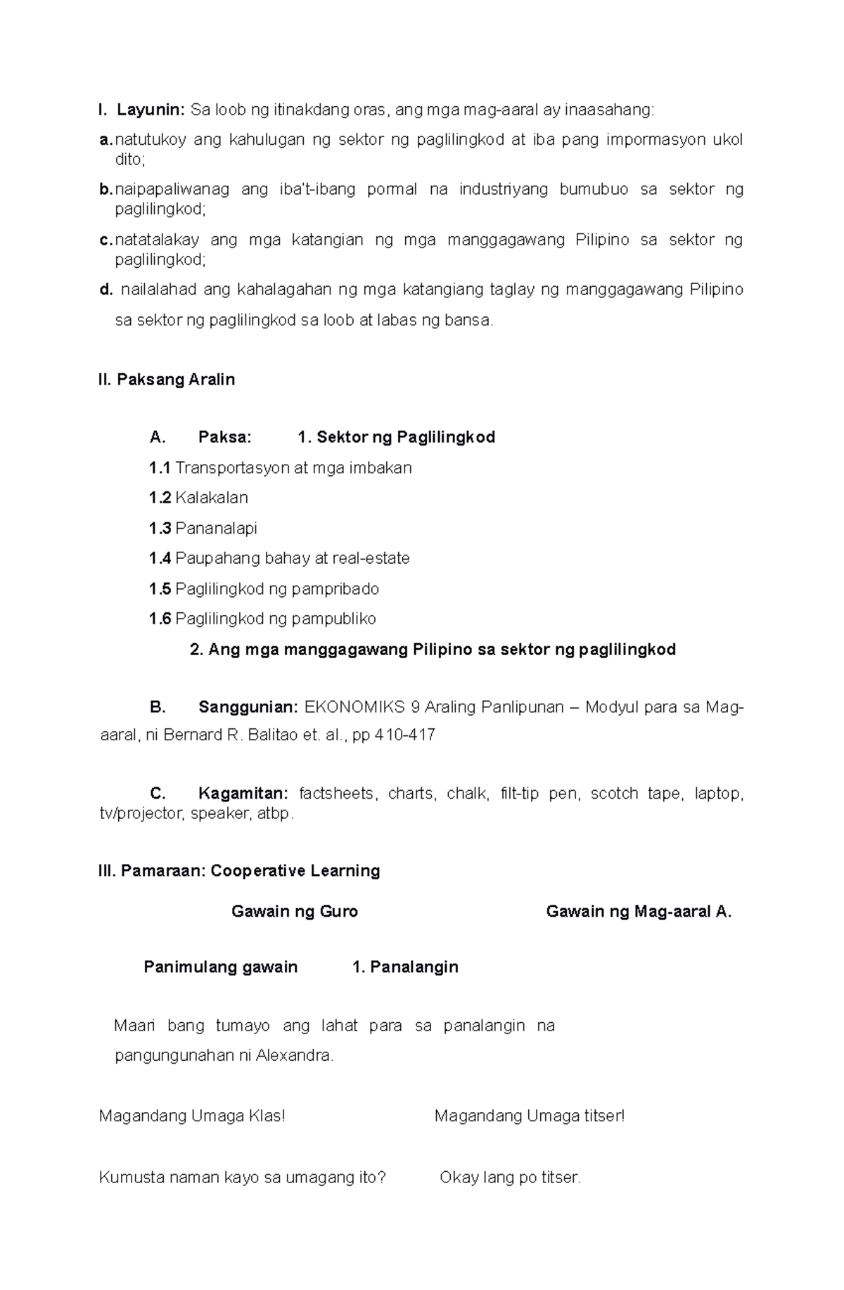 Lesson Plan CO Sektor ng Paglilingkod - I. Layunin: Sa loob ng ...