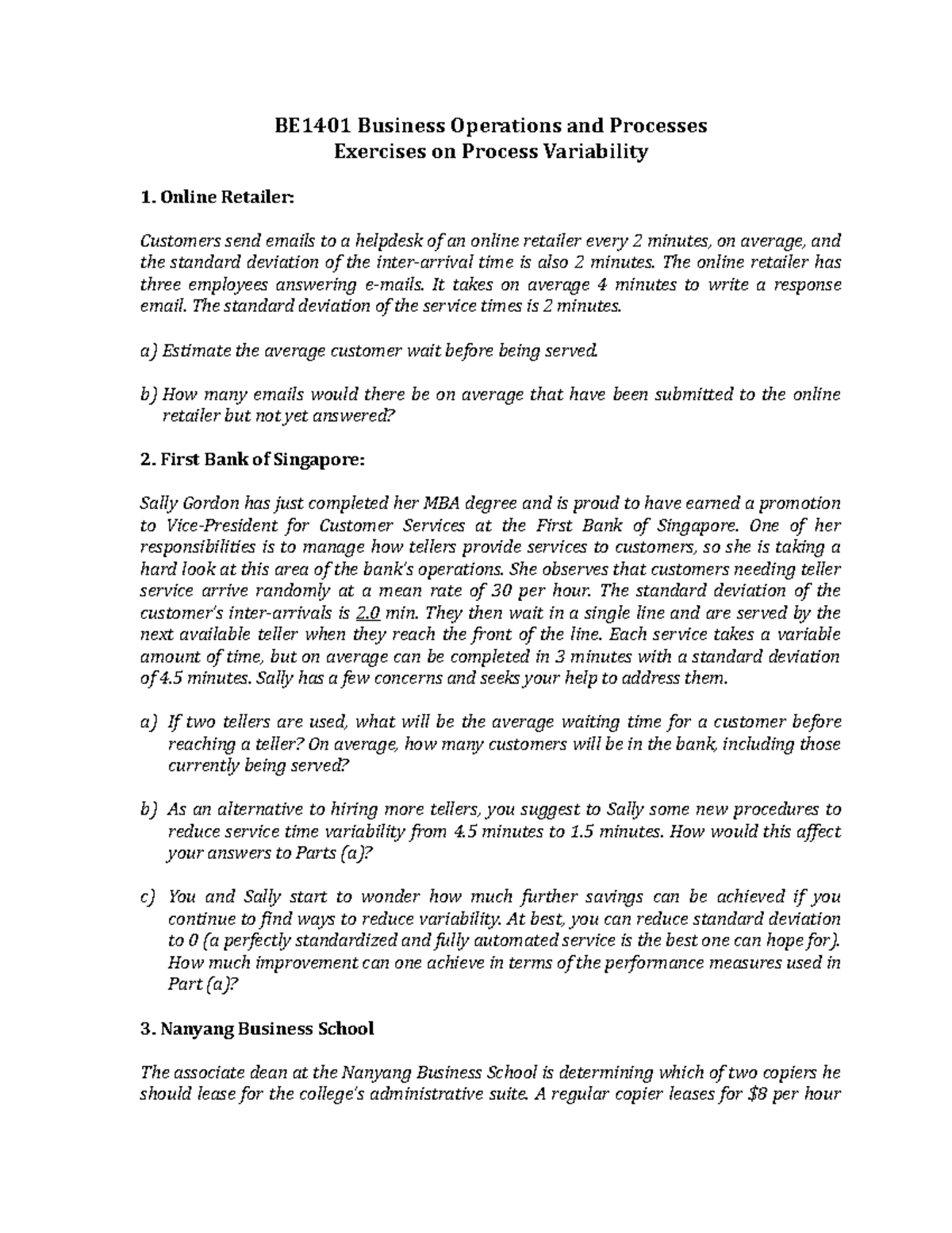 Exercises-variability - BE1401 Business Operations and Processes Exercises on Process ...