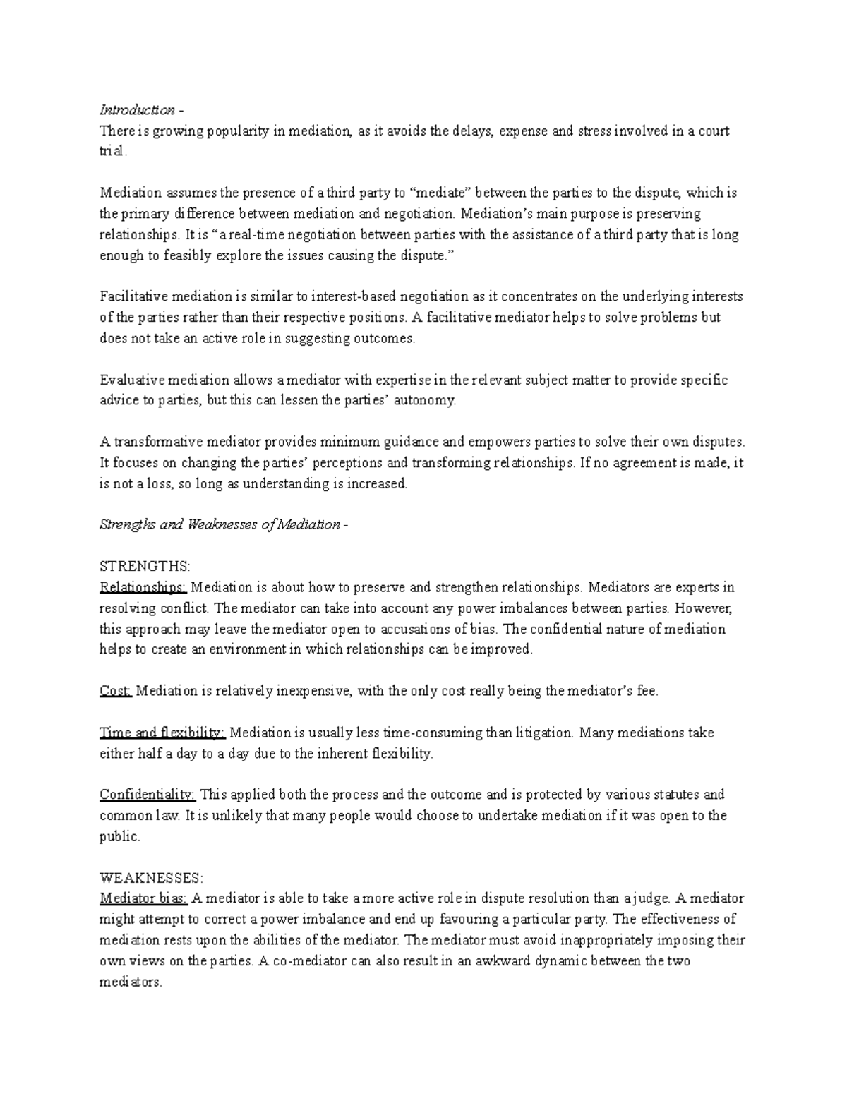 Mediation Notes - Introduction - There is growing popularity in ...