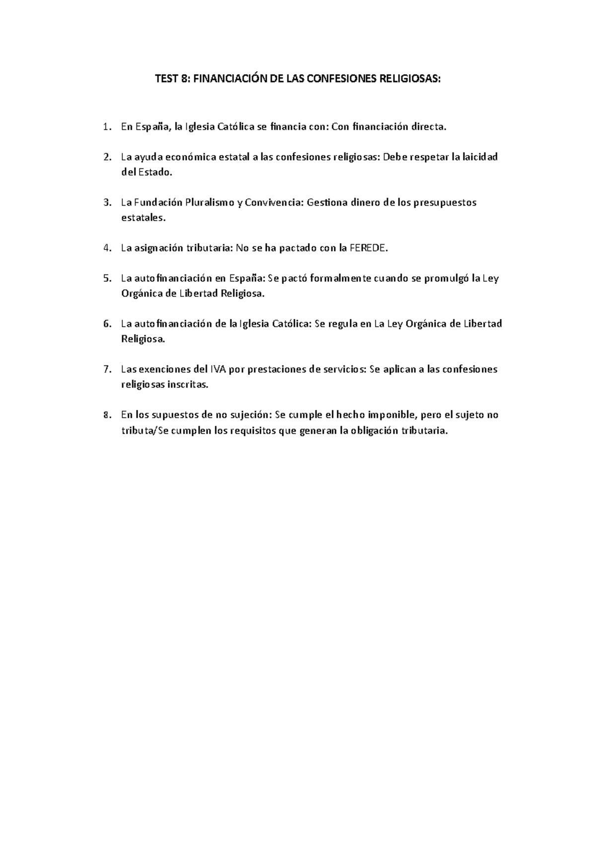 TEST Lección 8 - Test Tema 8 de Derecho Eclesiástico, que sirve tanto ...