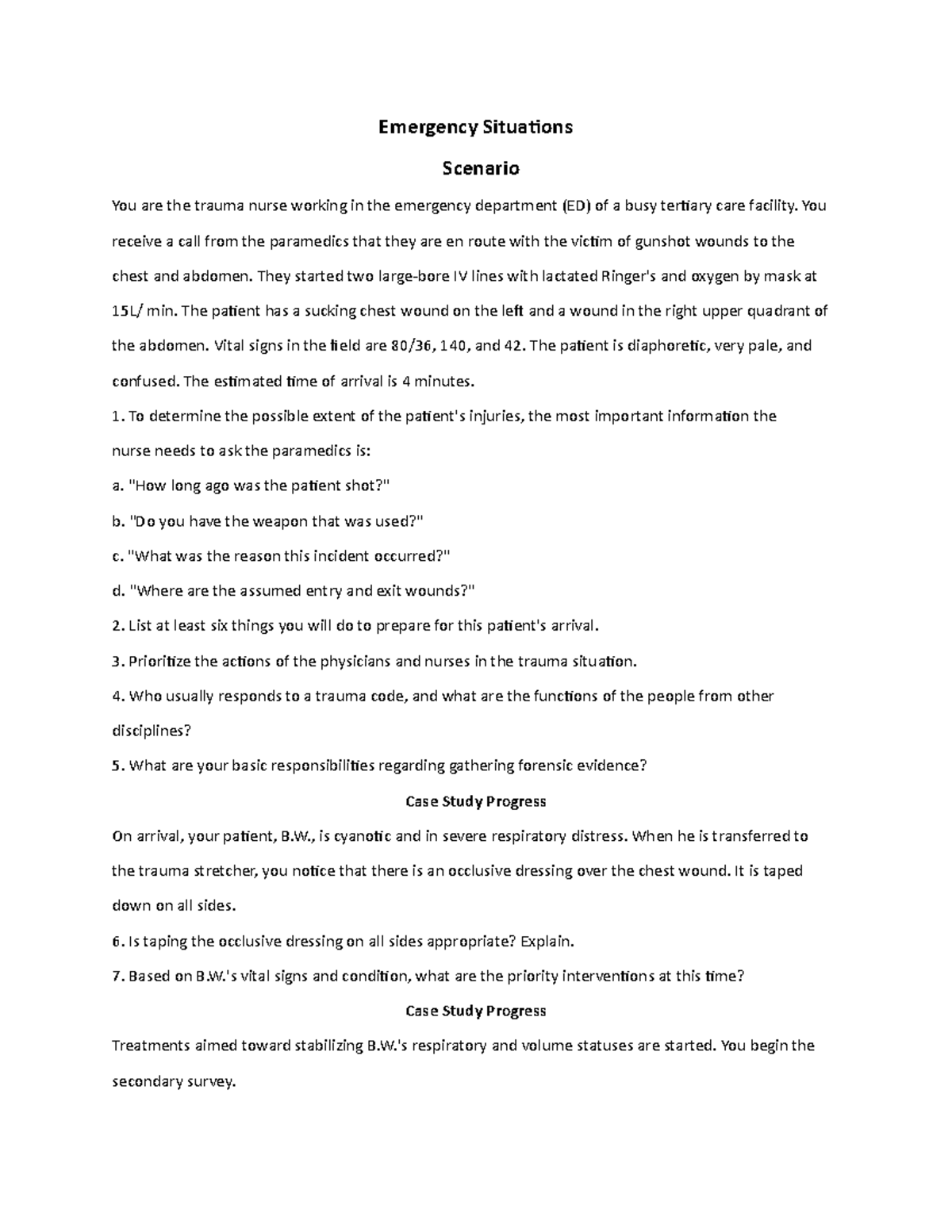 Multiple Trauma - lvn - Emergency Situations Scenario You are the ...