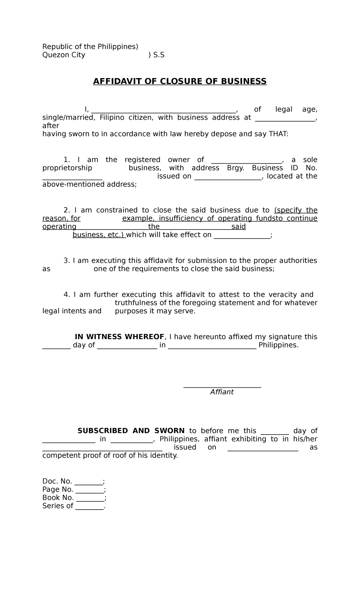 Affidavit of Closure of Business - Republic of the Philippines) Quezon ...