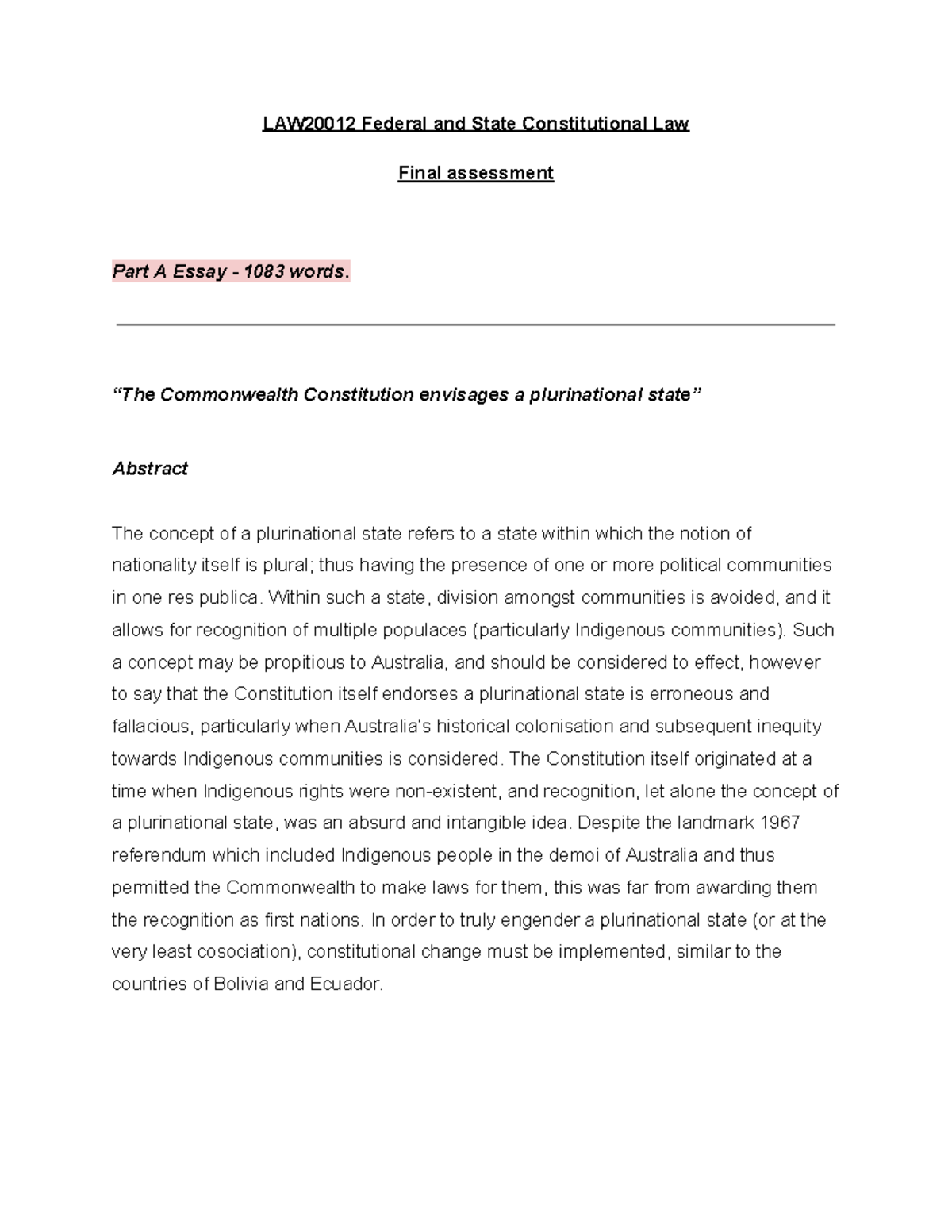 Final essay thesis/exam - LAW20012 Federal and State Constitutional Law ...