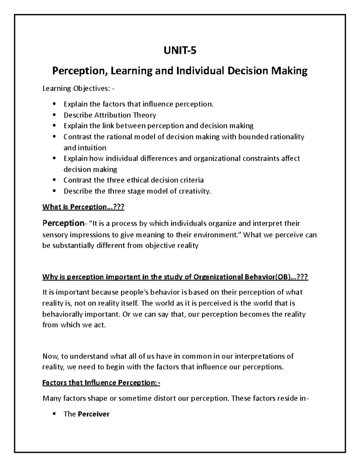 Unit 05 Perception Learning&Individual Decision Making - UNIT ...
