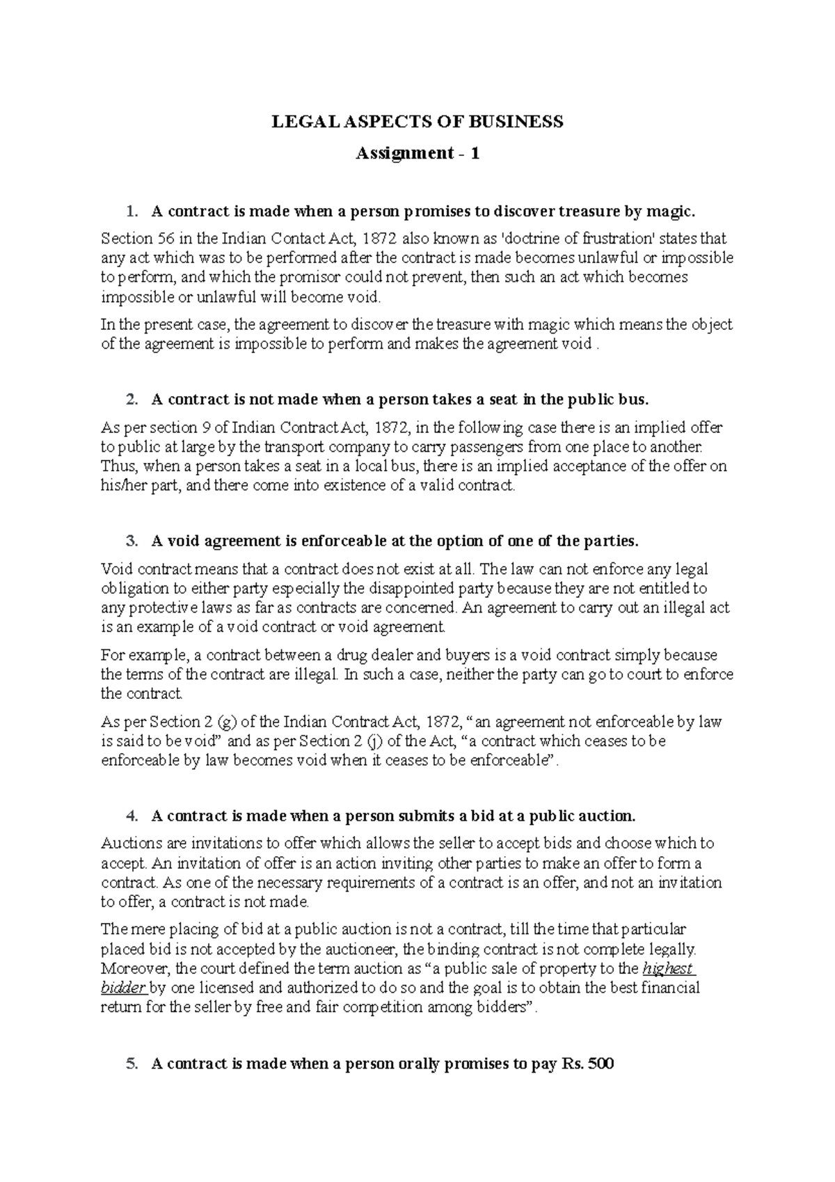 Assignment 1 - LEGAL ASPECTS OF BUSINESS Assignment - 1 1. A contract ...