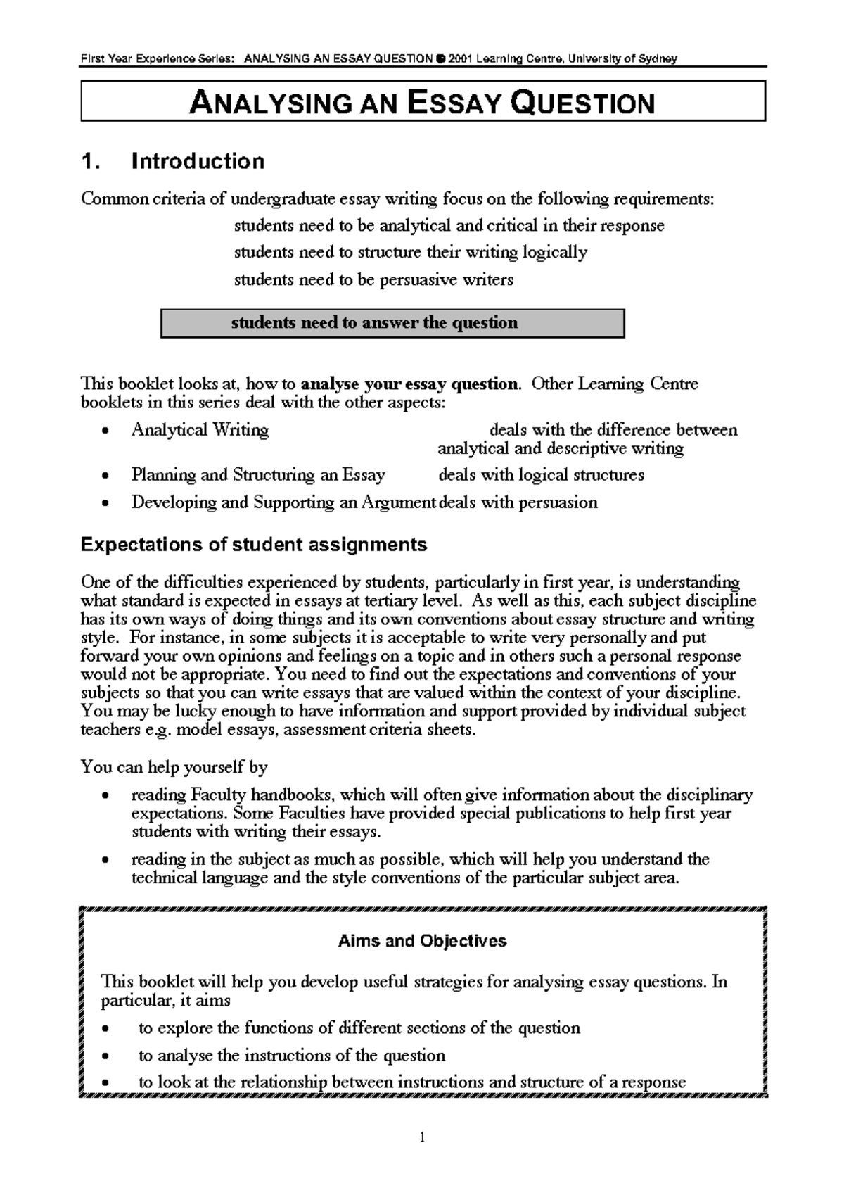 Analysing an essay question - ANALYSING AN ESSAY QUESTION 1. Introduction Common criteria of ...