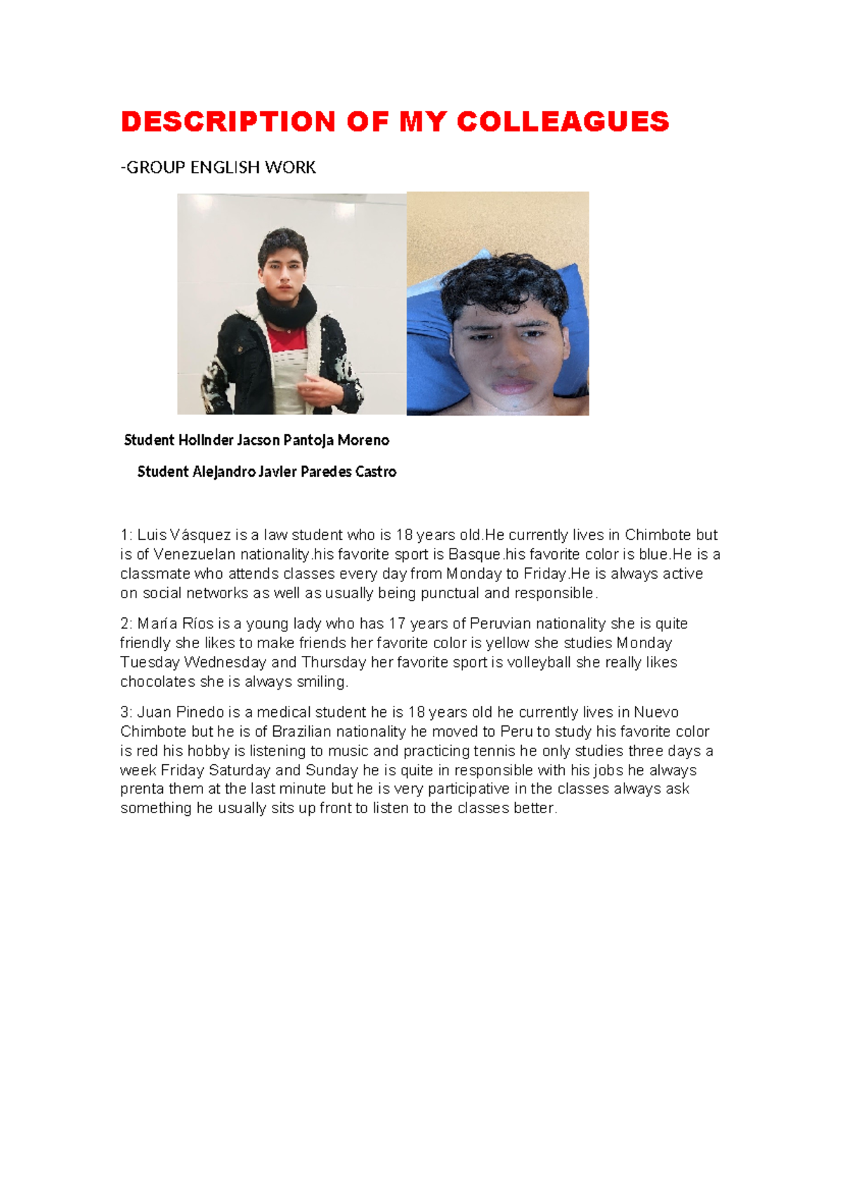 Description OF MY Colleagues - DESCRIPTION OF MY COLLEAGUES -GROUP ...