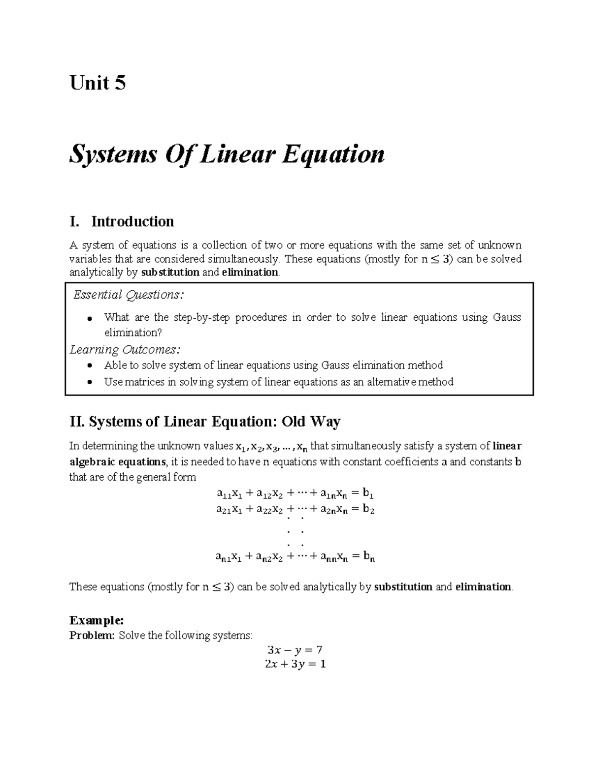 System Of Linear Methods Numerical Methods Unit 5 Systems Of Linear