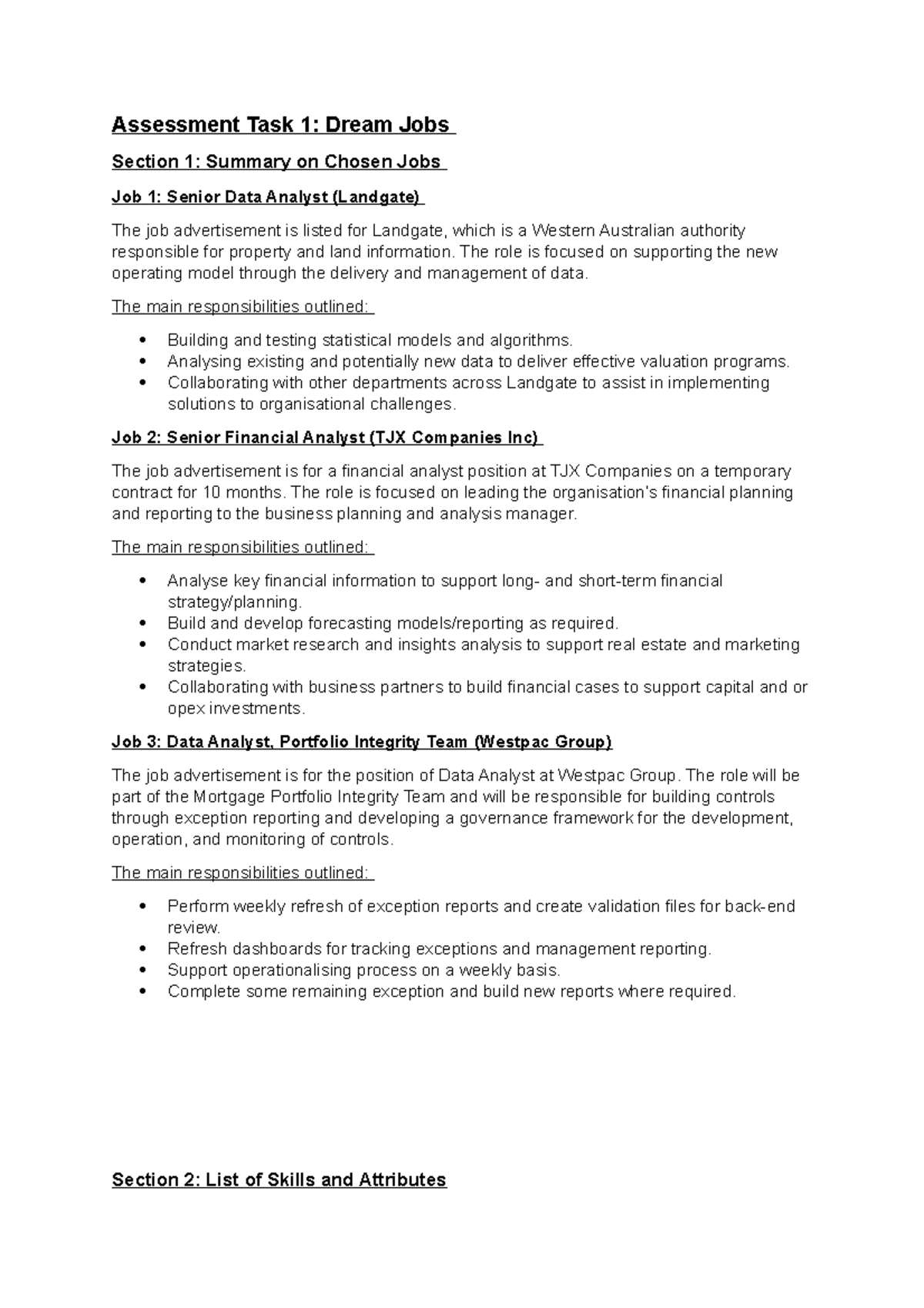 Assessment Task 1 -Dream Jobs - ITDA - Assessment Task 1: Dream Jobs ...