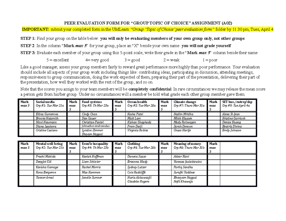 A02.23 Peer evaluation form for group assignment - PEER EVALUATION FORM ...