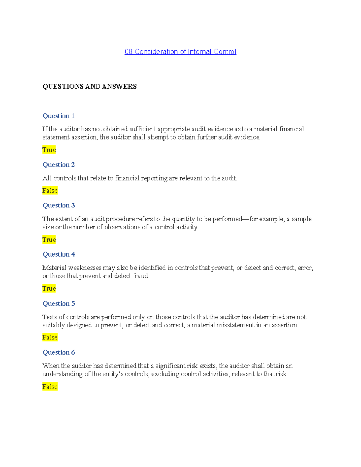 08 Quiz 1 - practice quiz - 08 Consideration of Internal Control ...