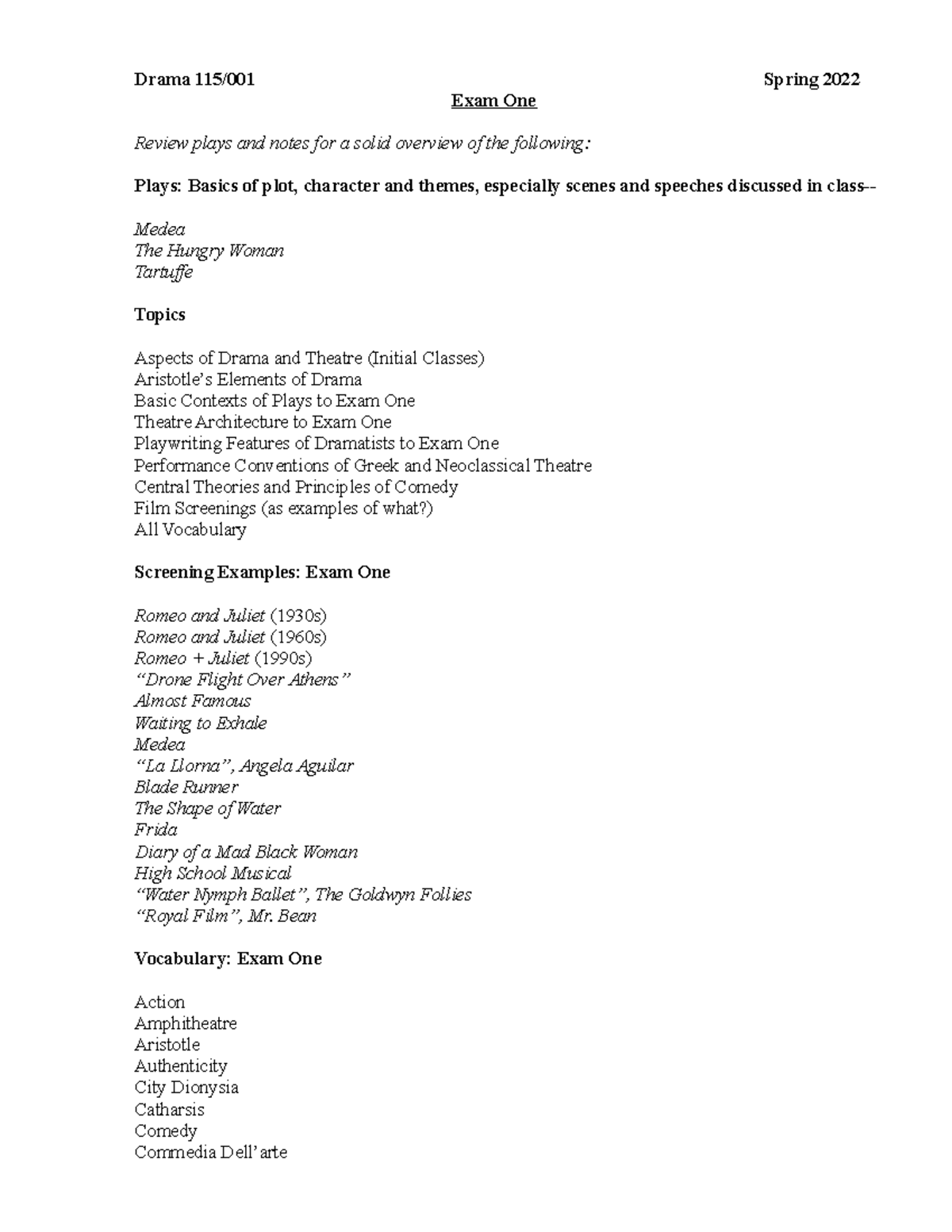 Exam One Review - Drama 115/001 Spring 2022 Exam One Review plays and ...