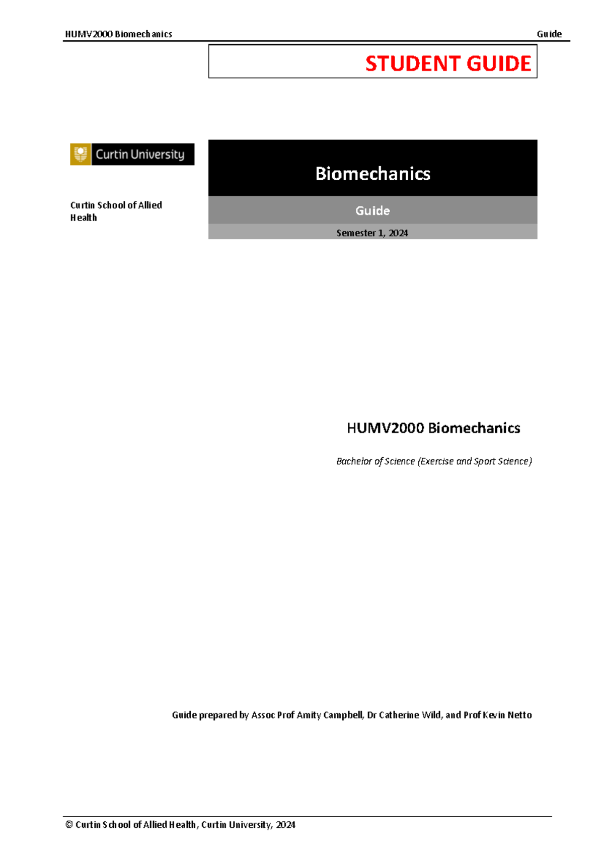HUMV 2000 Biomechanics Students Guide 2024 - STUDENT GUIDE Biomechanics ...