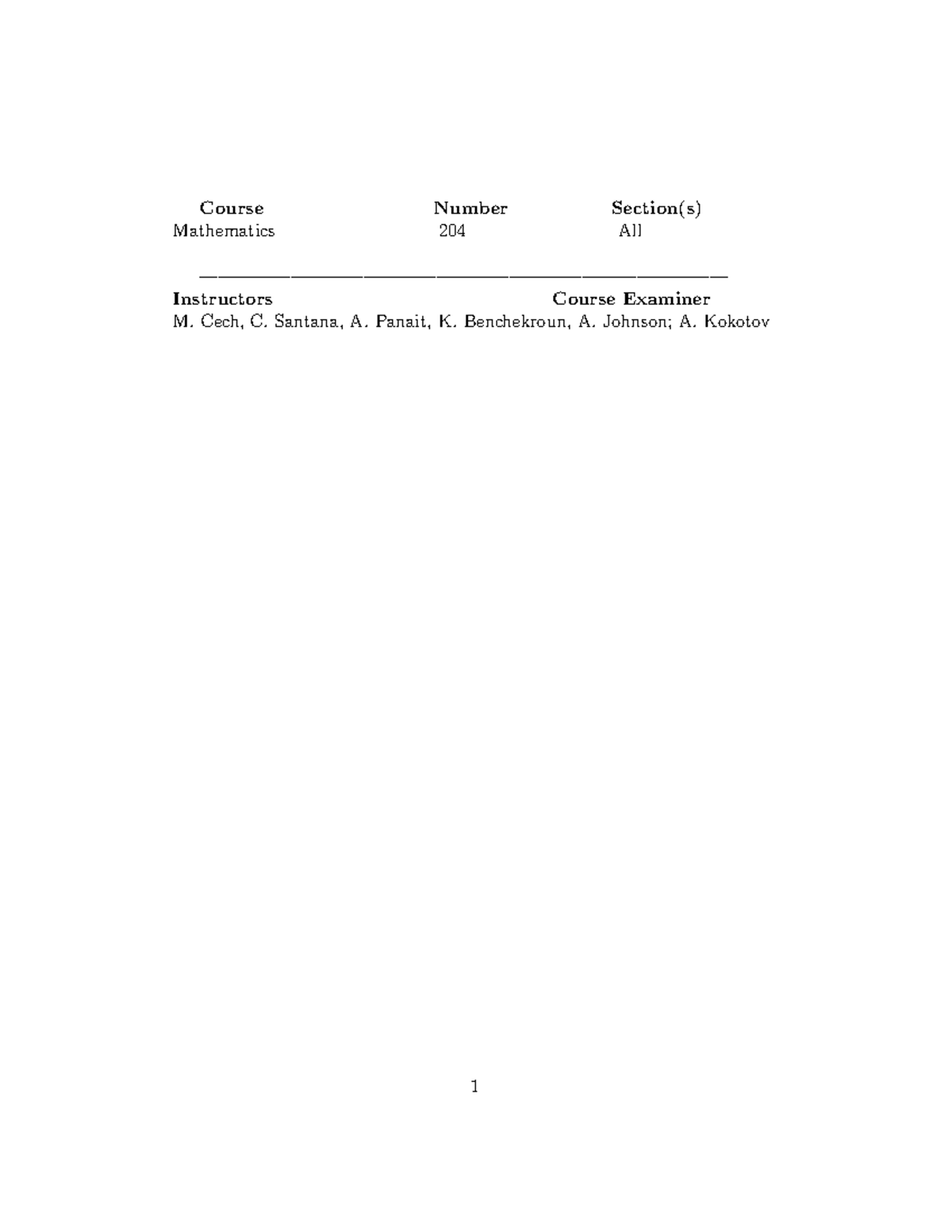 Sample Final 204 - Exam - Course Number Section(s) Mathematics 204 All