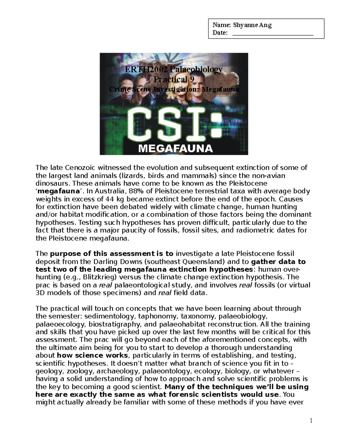 CSI Megafauna Question Sheet - ERTH2002 Palaeobiology Practical 9 Crime ...