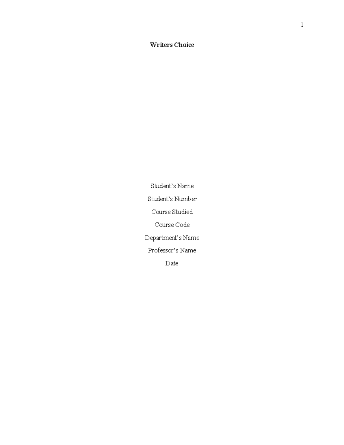 Writers choice - good - Writers Choice Student’s Name Student’s Number ...