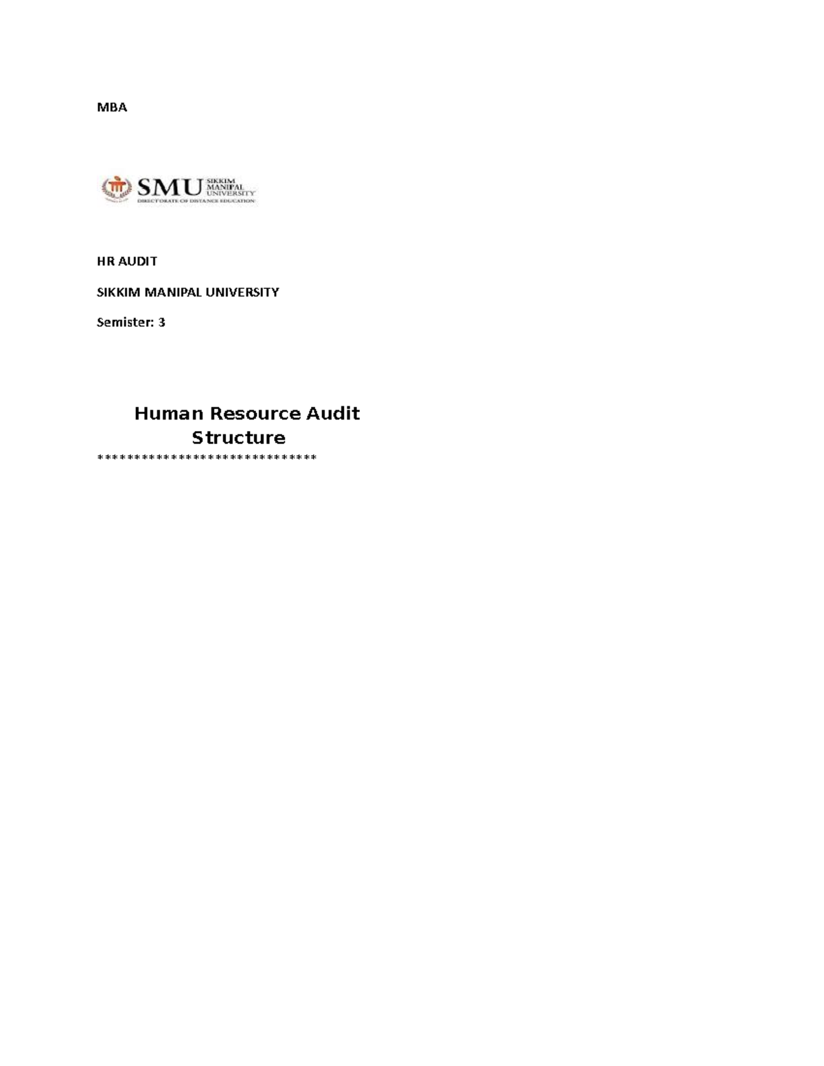 Human Resource Audit Structure pdf mu0013 - MBA HR AUDIT SIKKIM MANIPAL ...