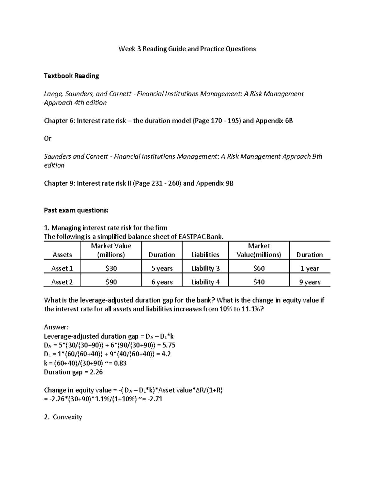 Week 3 Reading and Practice Questions - Intereest Rate Risk II - Week 3 Reading Guide and ...