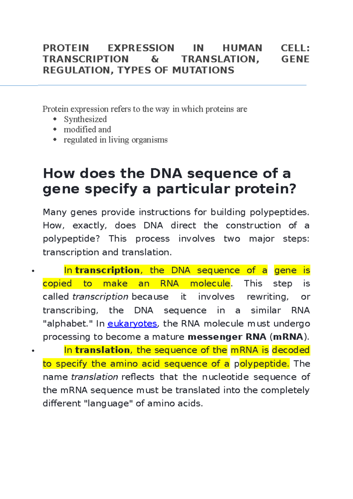 Protein Syntheis - Transcription and Translation - PROTEIN EXPRESSION ...
