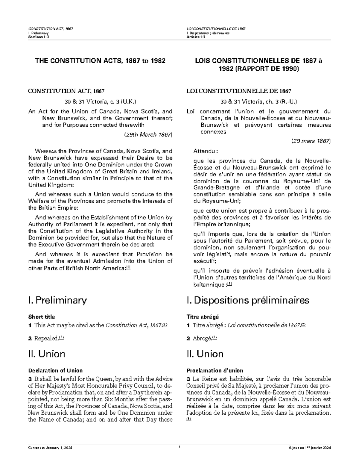 Loi constitutionnelle de 1867 - I. Preliminary I. Dispositions ...