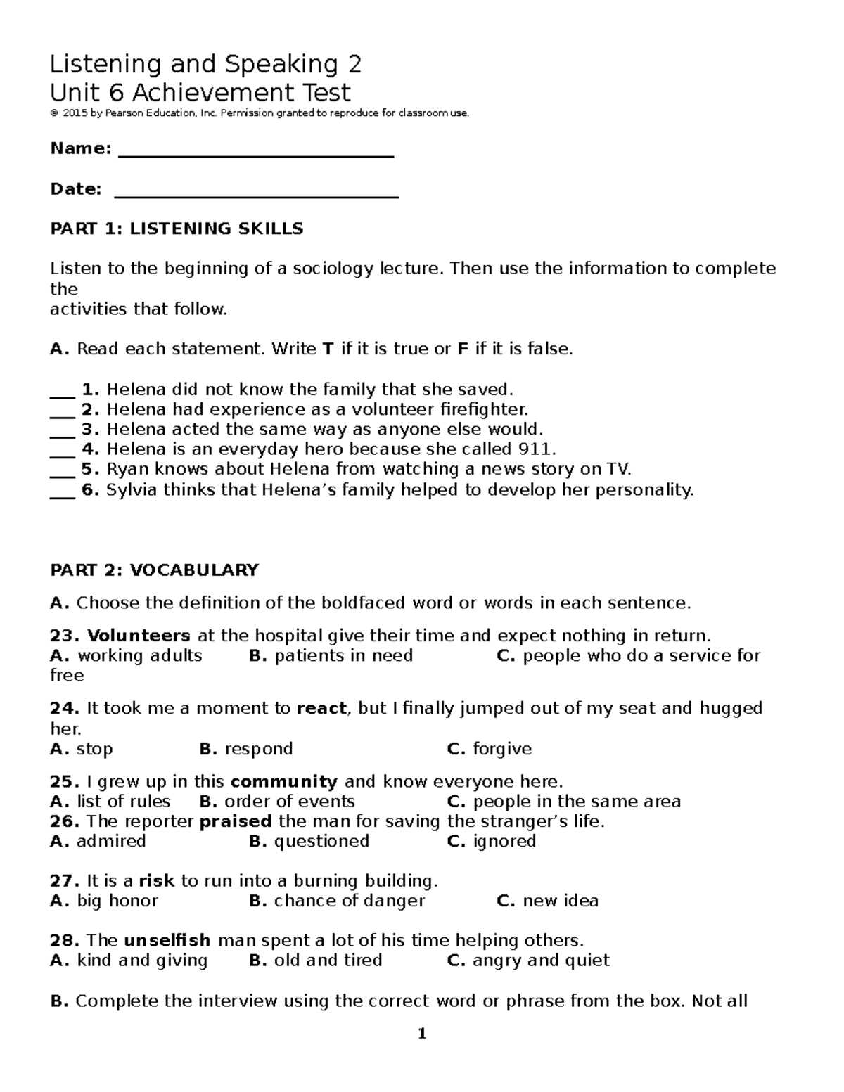 NS LS 02 Ach Tests U06 Word - Listening and Speaking 2 Unit 6 ...