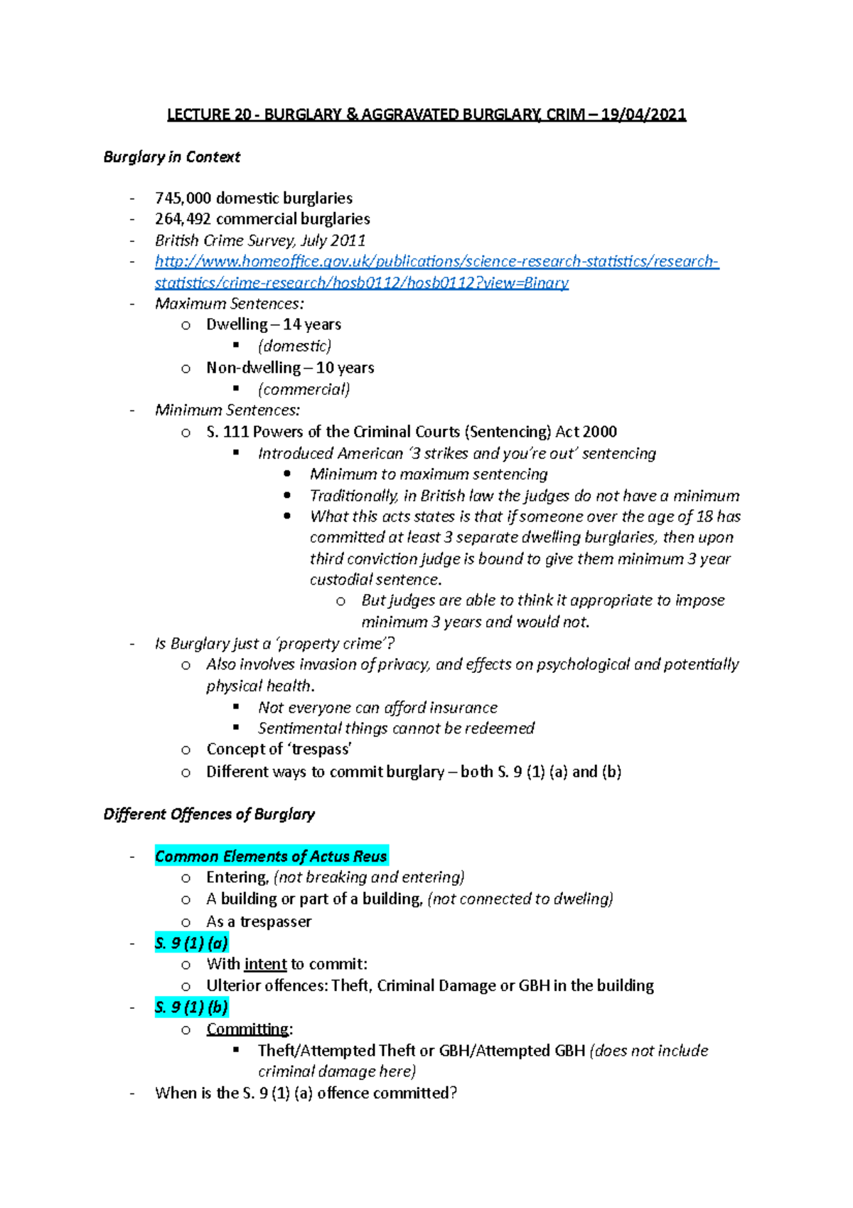 Criminal Lecture on Burglary - LECTURE 20 - BURGLARY & AGGRAVATED ...