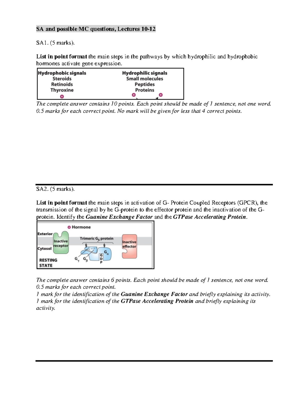 SA Questions - Lectures 10-12 - SA and possible MC questions, Lectures ...