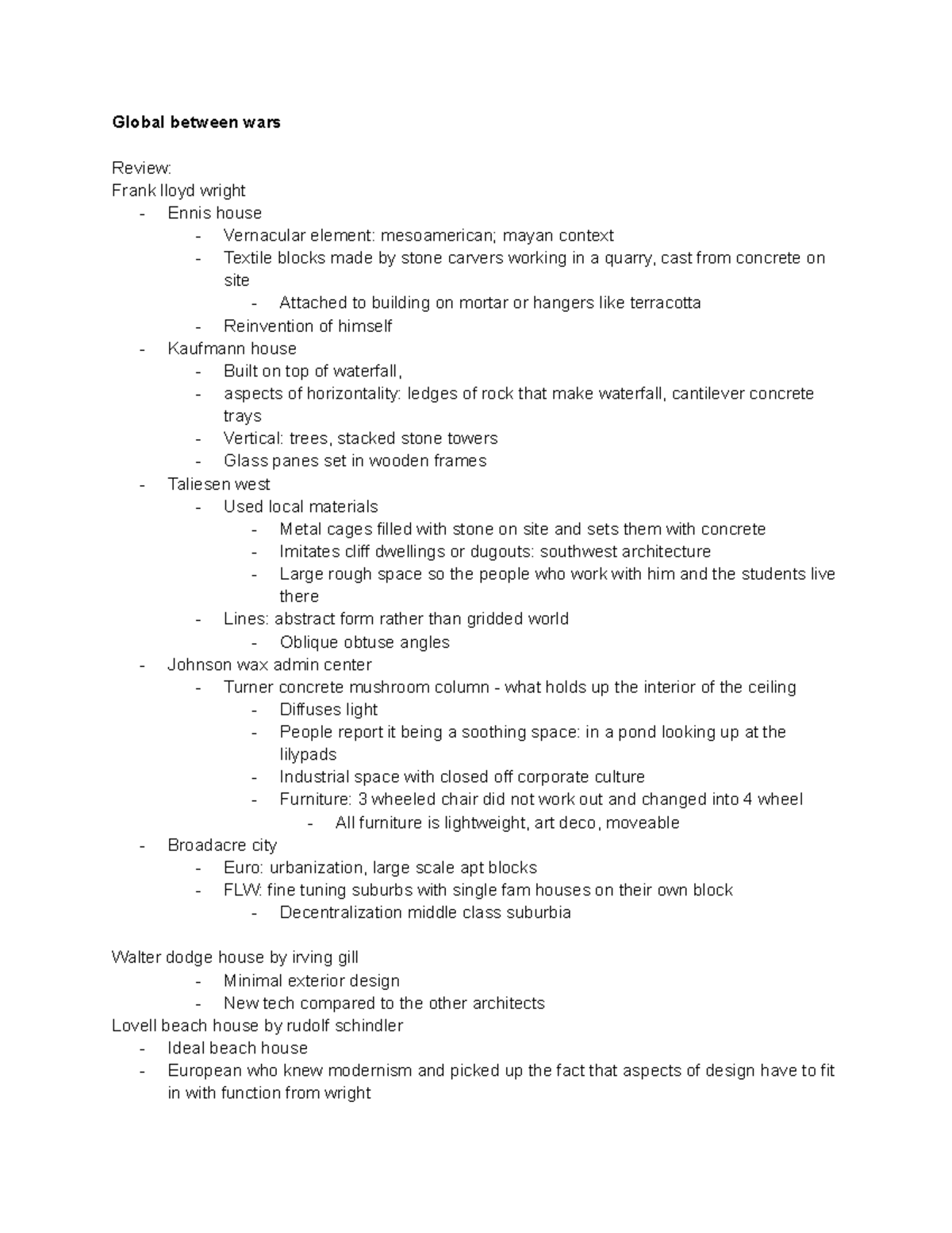 ARTH2251 Global between wars - Global between wars Review: Frank lloyd ...