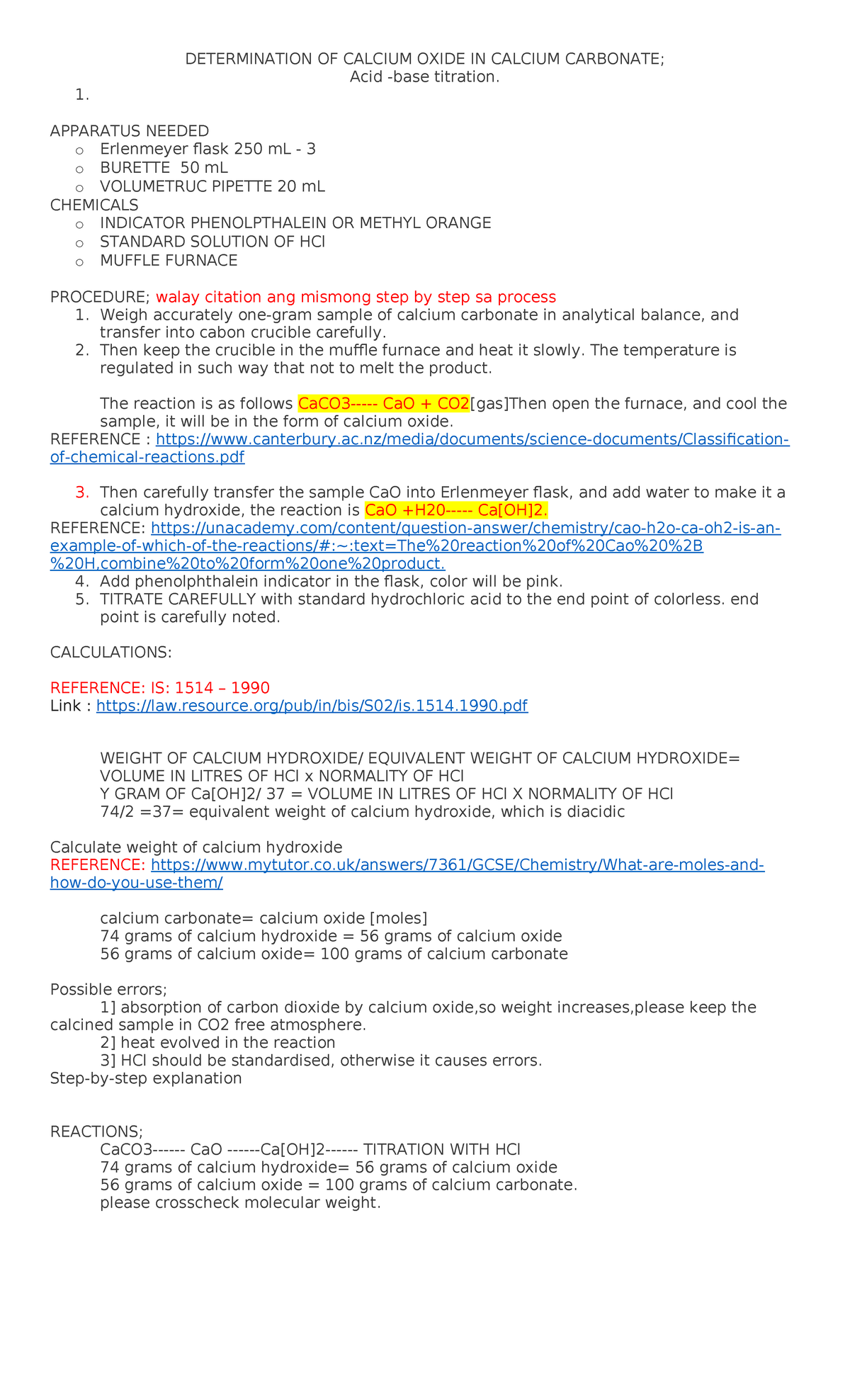 Determination Of Calcium Oxide In Calcium Carbonate Determination Of Calcium Oxide In Calcium