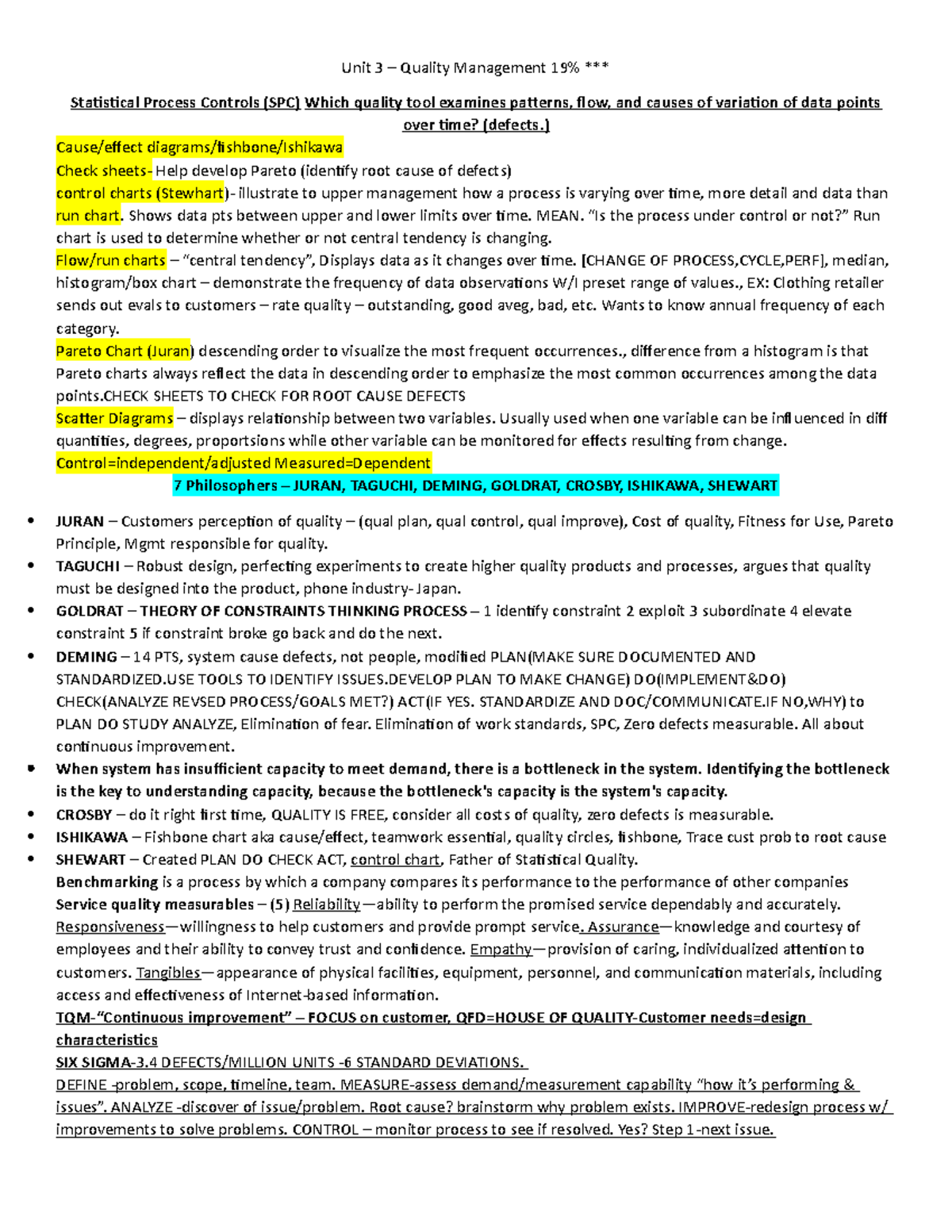 Study Guide FOR OA - Unit 3 – Quality Management 19% *** Statistical ...