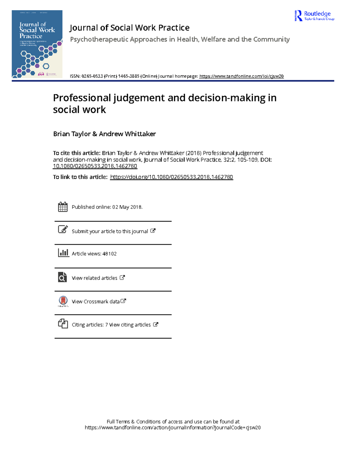 Professional judgement and decision making in social work - Full Terms ...