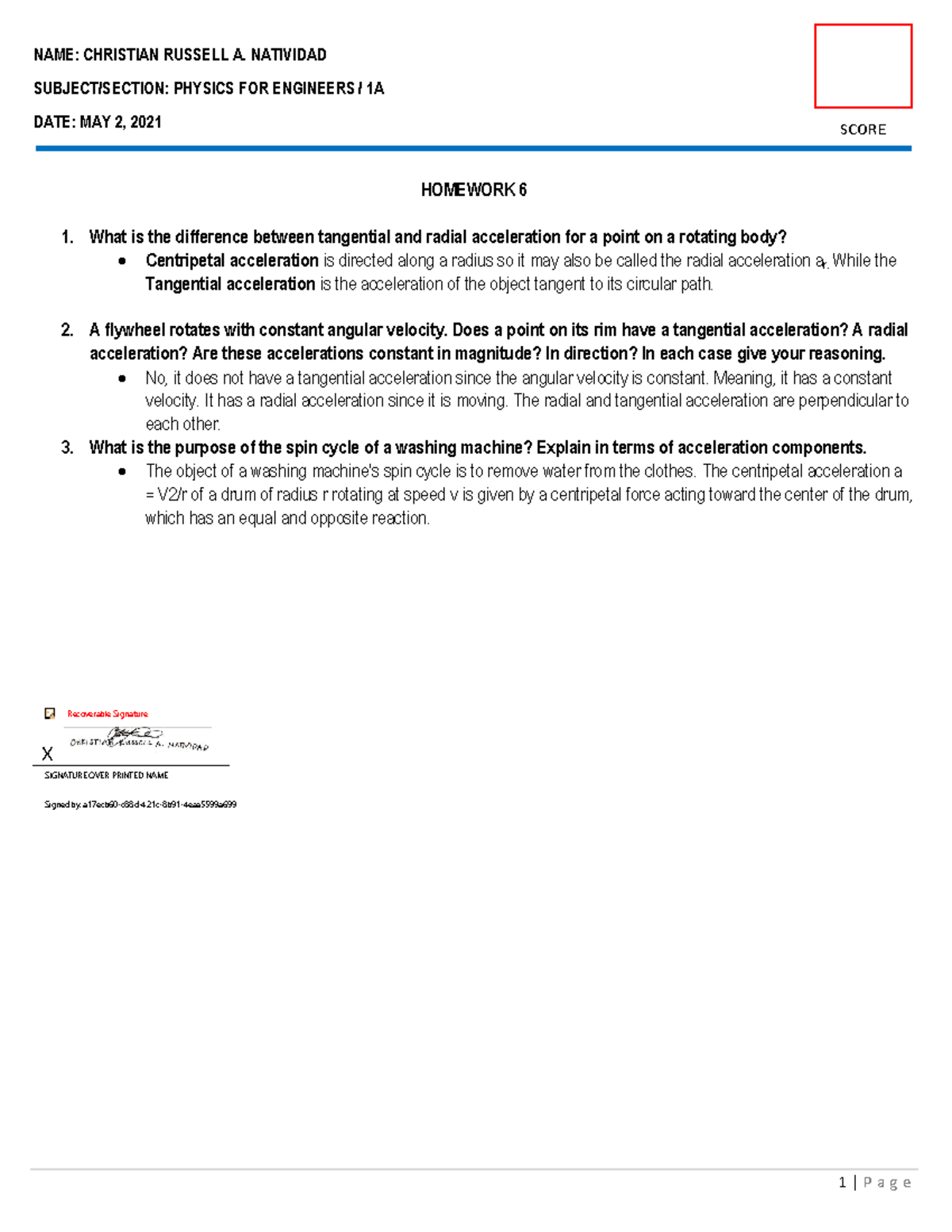 P HY1ME1A Homework 6 Natividad Christian Russell - College Physics 1 ...