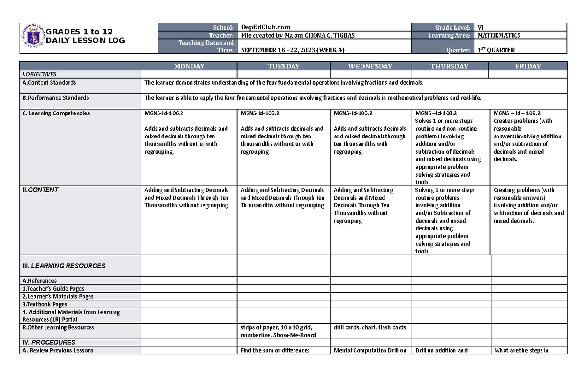 DLL Mathematics 6 Q1 W4 - none - GRADES 1 to 12 DAILY LESSON LOG School ...