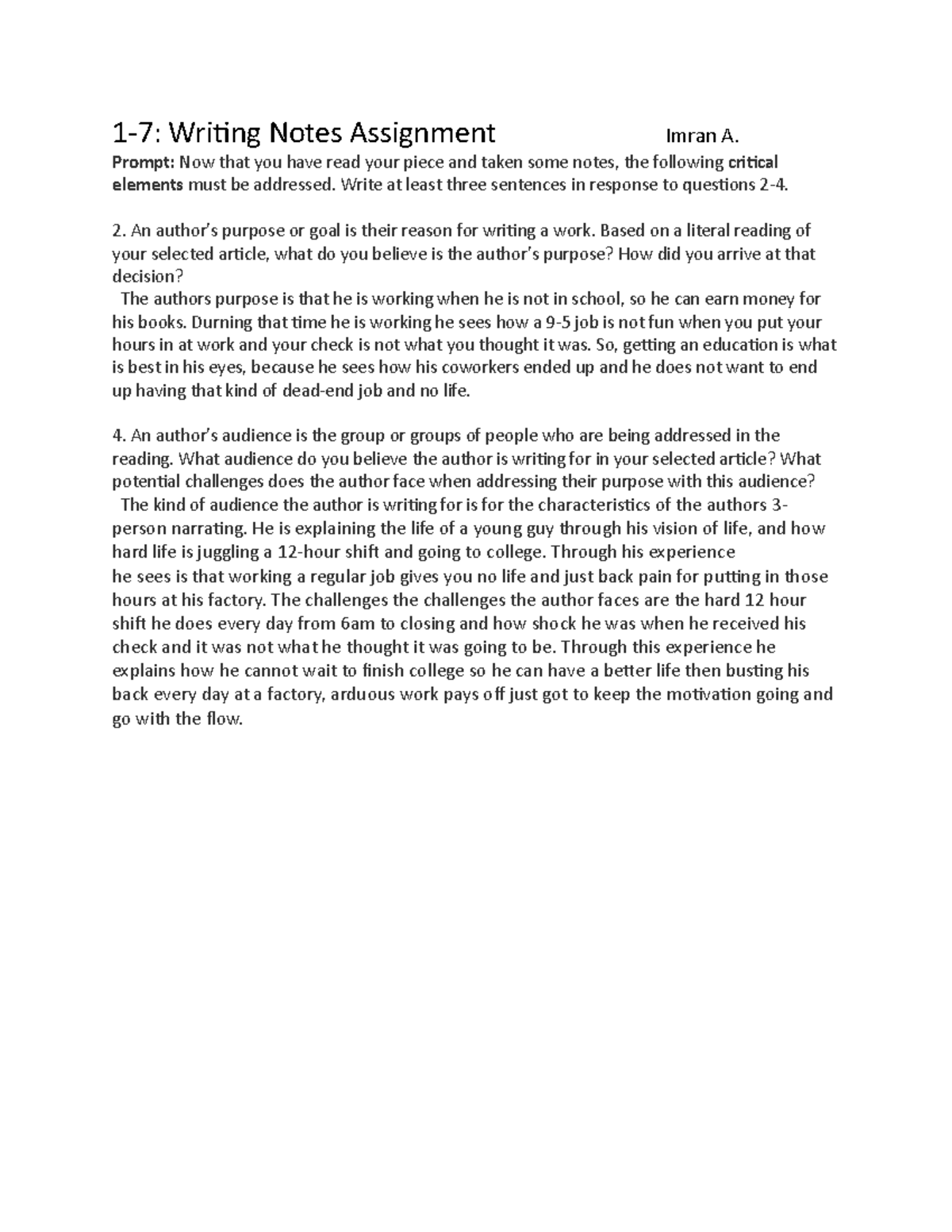 1-7 Assignment Writing Notes - 1-7: Wriing Notes Assignment Imran A ...