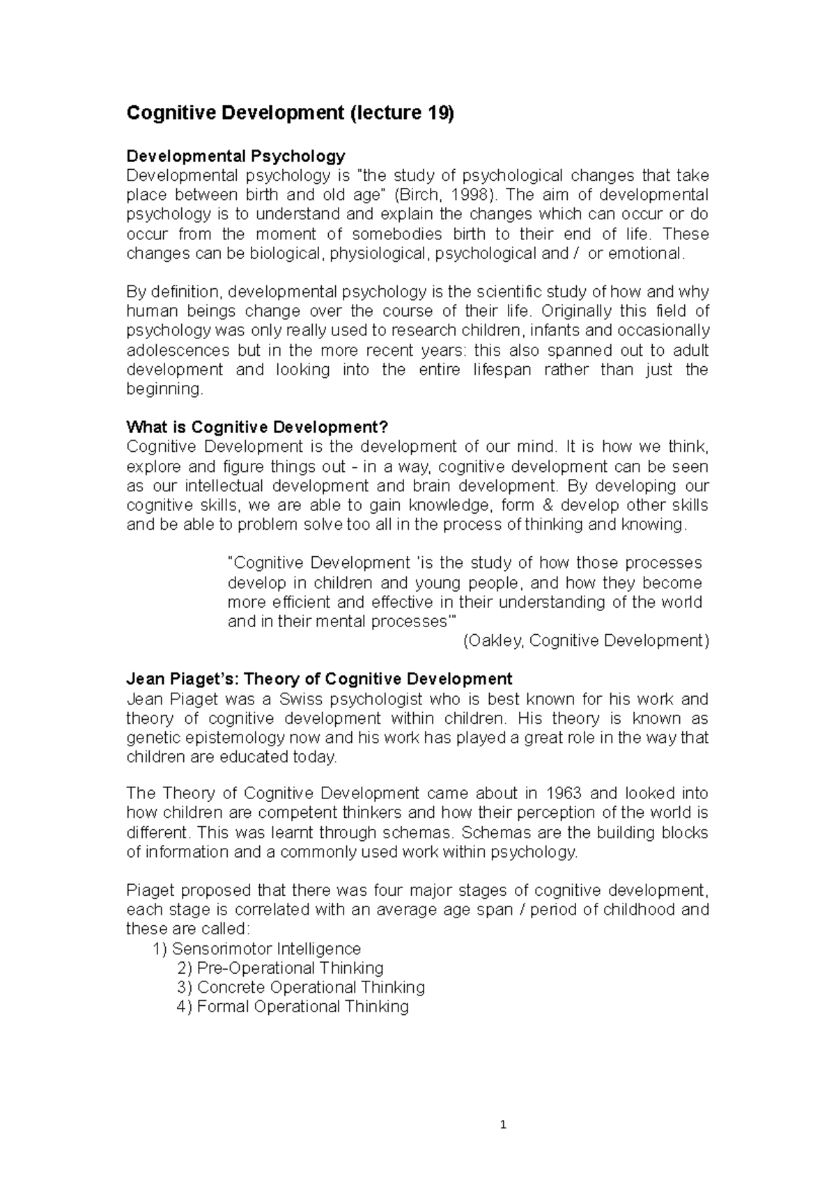 Cognitive Development - The aim of developmental psychology is to ...