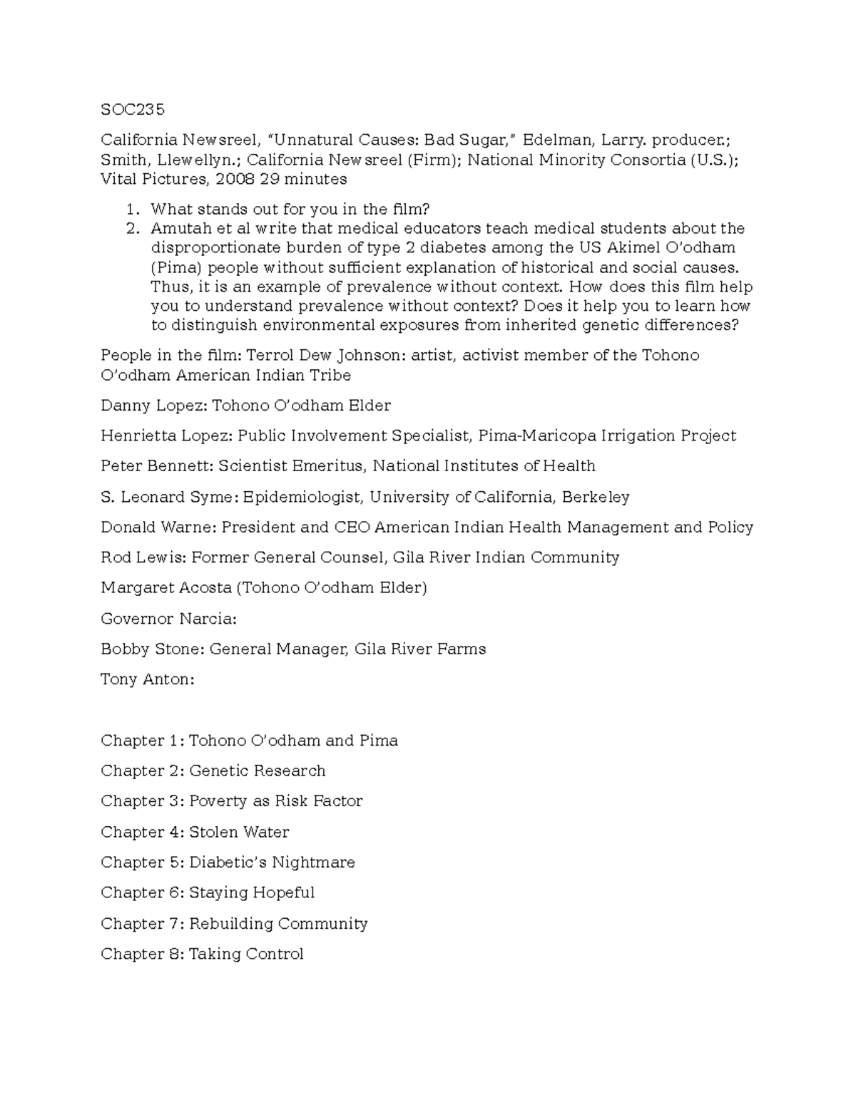 Film Guide - Bad Sugar - SOC California Newsreel, “Unnatural Causes ...