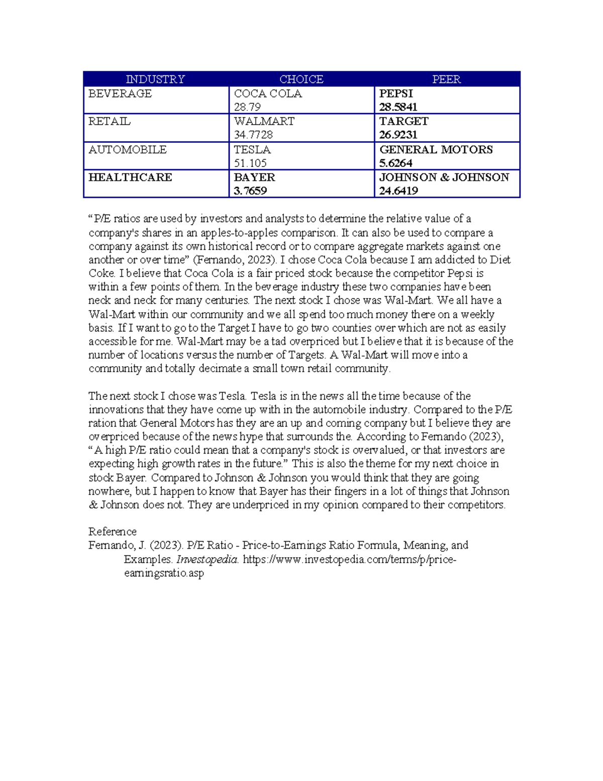 Module 7 Discussion - INDUSTRY CHOICE PEER BEVERAGE COCA COLA 28. PEPSI ...