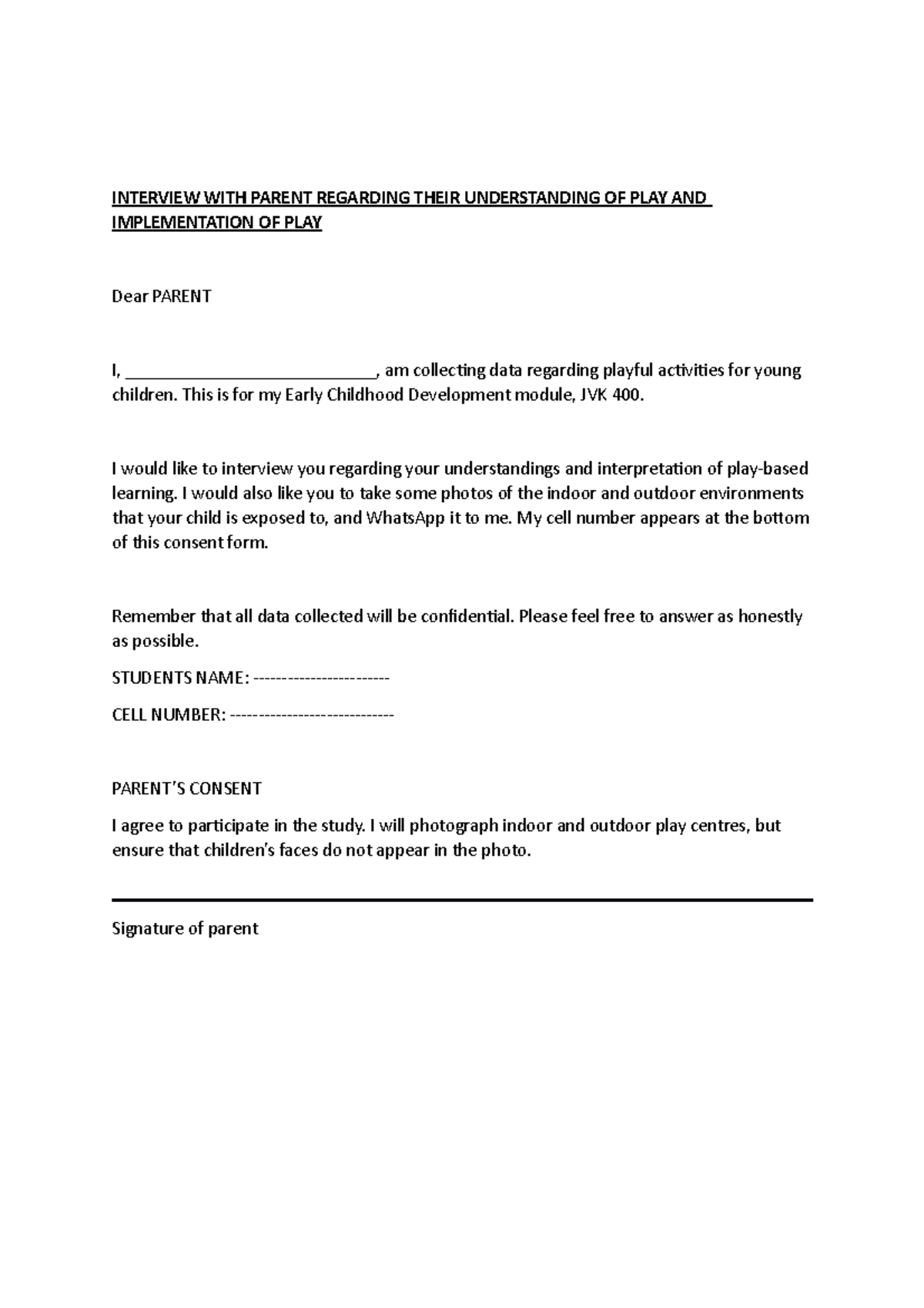 Interview WITH Parents- PLAY - INTERVIEW WITH PARENT REGARDING THEIR ...